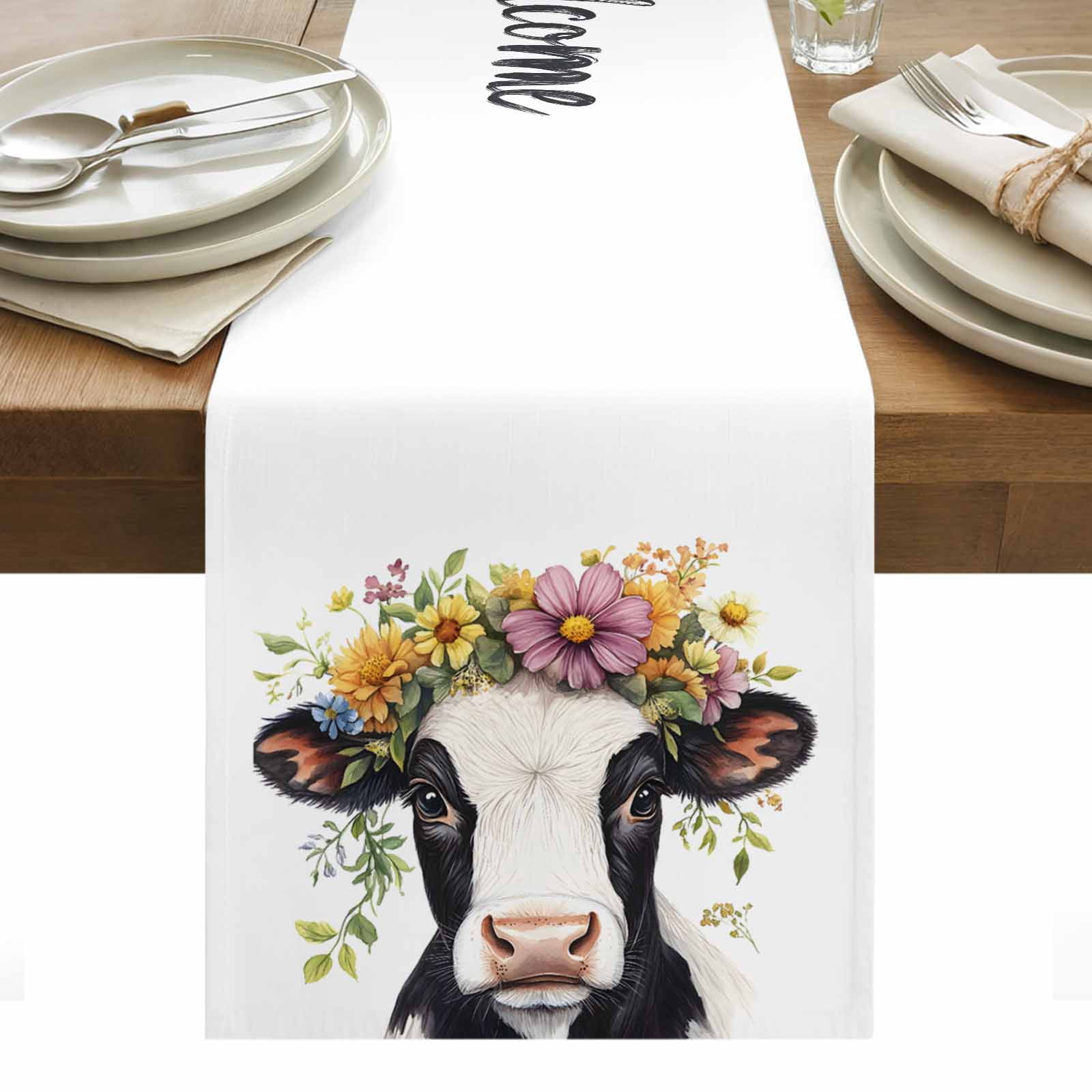 Cow Table Runner 13 x 90 Inch, Welcome Washable Cotton Linen Dining ...