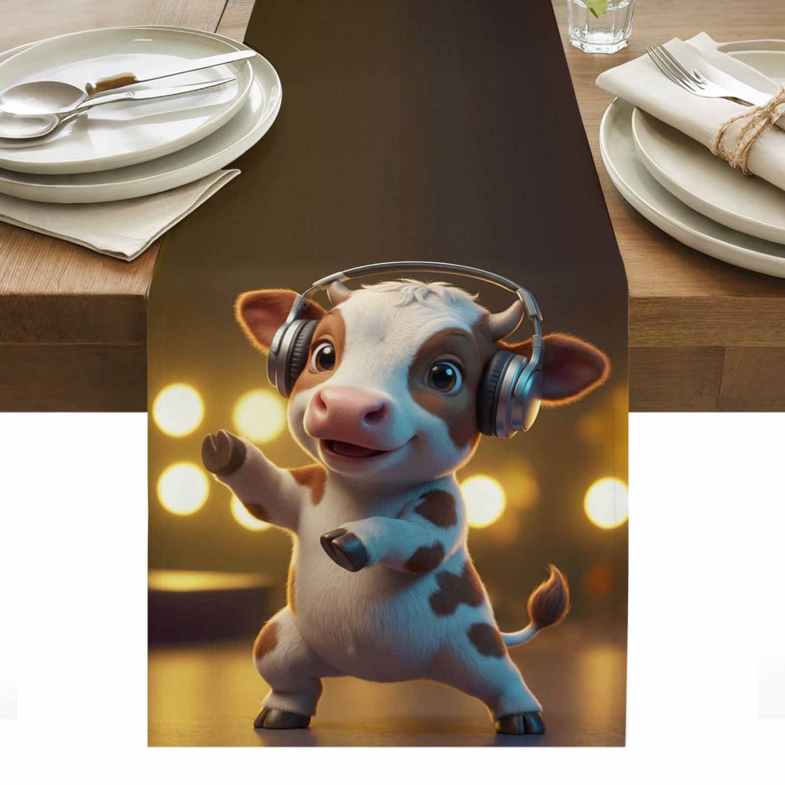 Cow Table Runner 14 x 72 Inch, Abstract Headphone Cow Shiny Light ...
