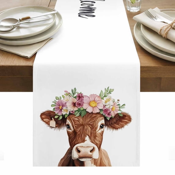 Cow Table Runner 16 x 72 Inch, Welcome Washable Cotton Linen Dining ...