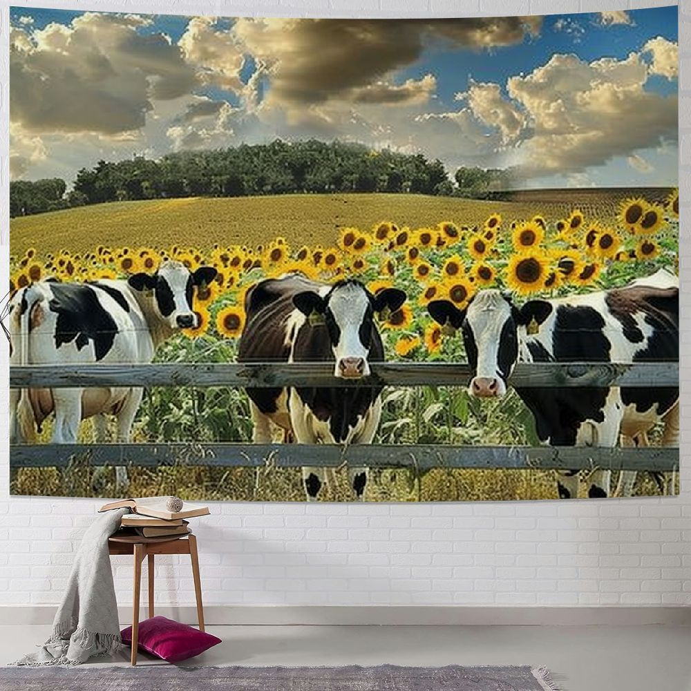 Cow Tapestry Wall Hanging Sunflower Rustic Yellow Floral Wall Tapestry ...