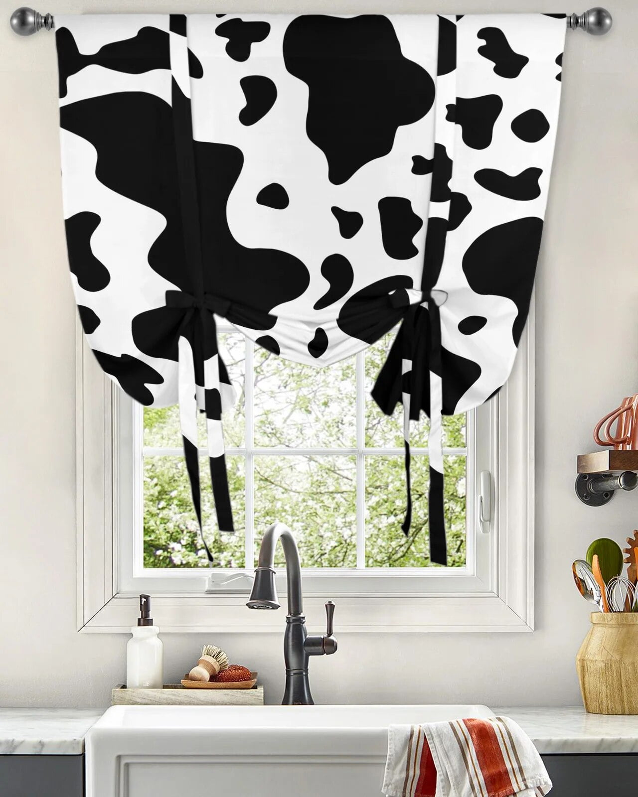 Cow Texture Black White Curtain for Living Room Kitchen Tie-up Short ...