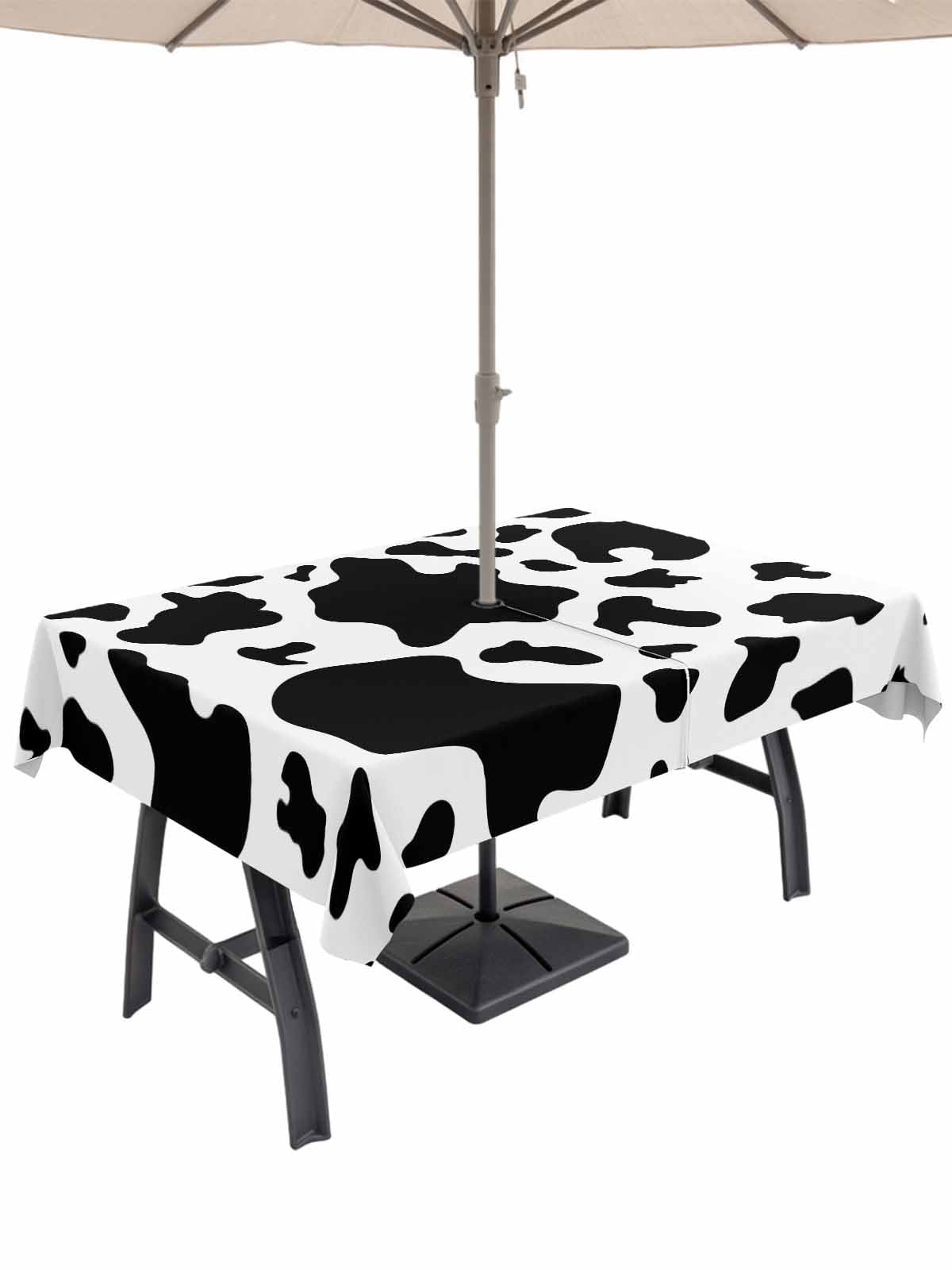 Cow Texture Rectangle Outdoor Tablecloth with Umbrella Hole Black White ...