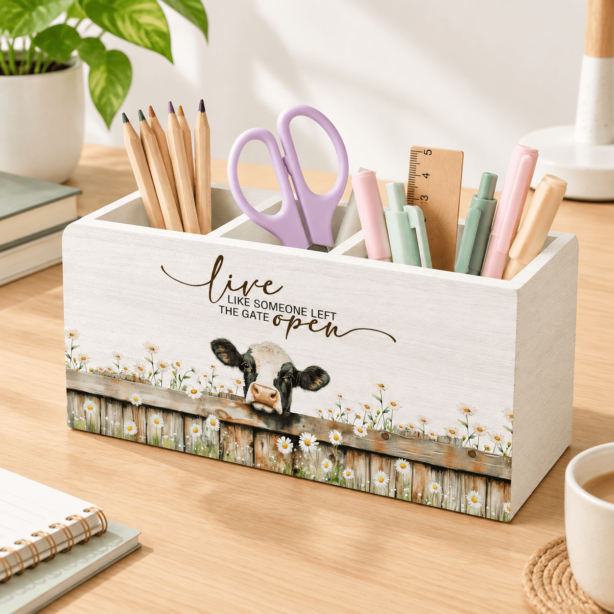 Cow Three Hole Wood Desk Pencil Holder Organizer for Home Office ...