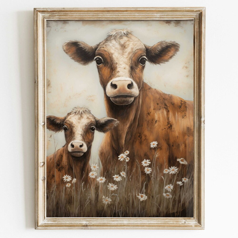 Cow Wall Art Cow & Calf Painting Vintage Farm Animal Print Rustic ...