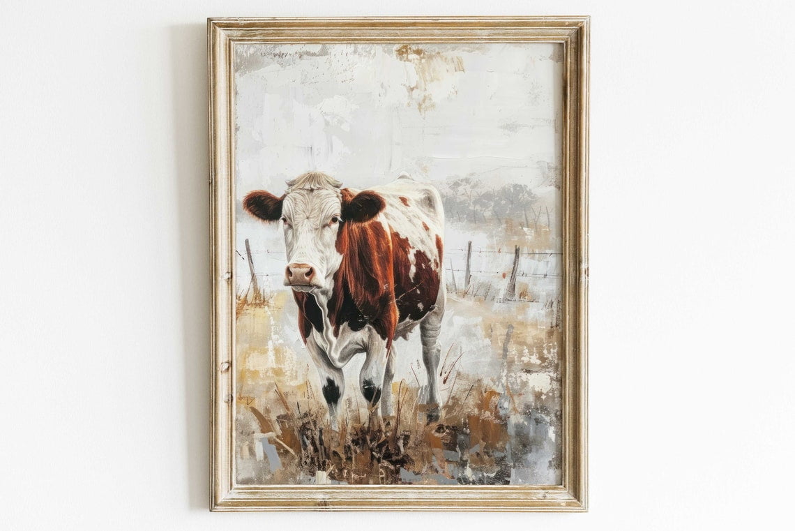 Cow Wall Art, Rustic Cow Painting, Vintage Farm Animal Print, Farmhouse ...