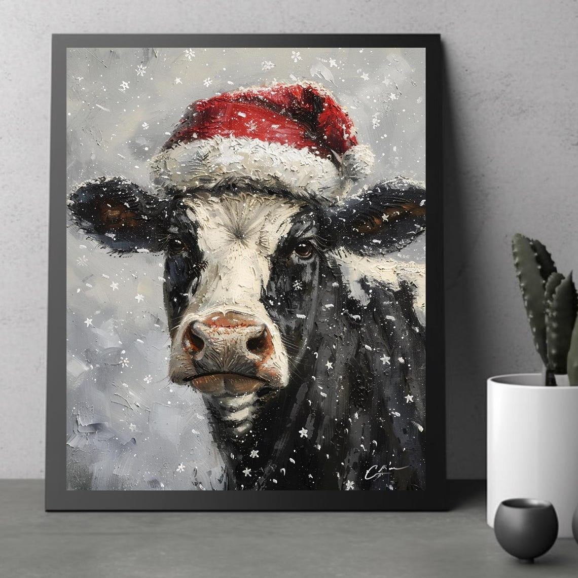 Cow Wall Art, Rustic Farmhouse Animal , Winter Cow In Santa Hat ...