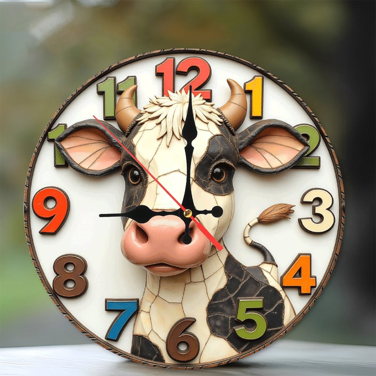 Cow Wall Clock Decorative Resin Art Home Decor 10-Inch Silent Wooden ...