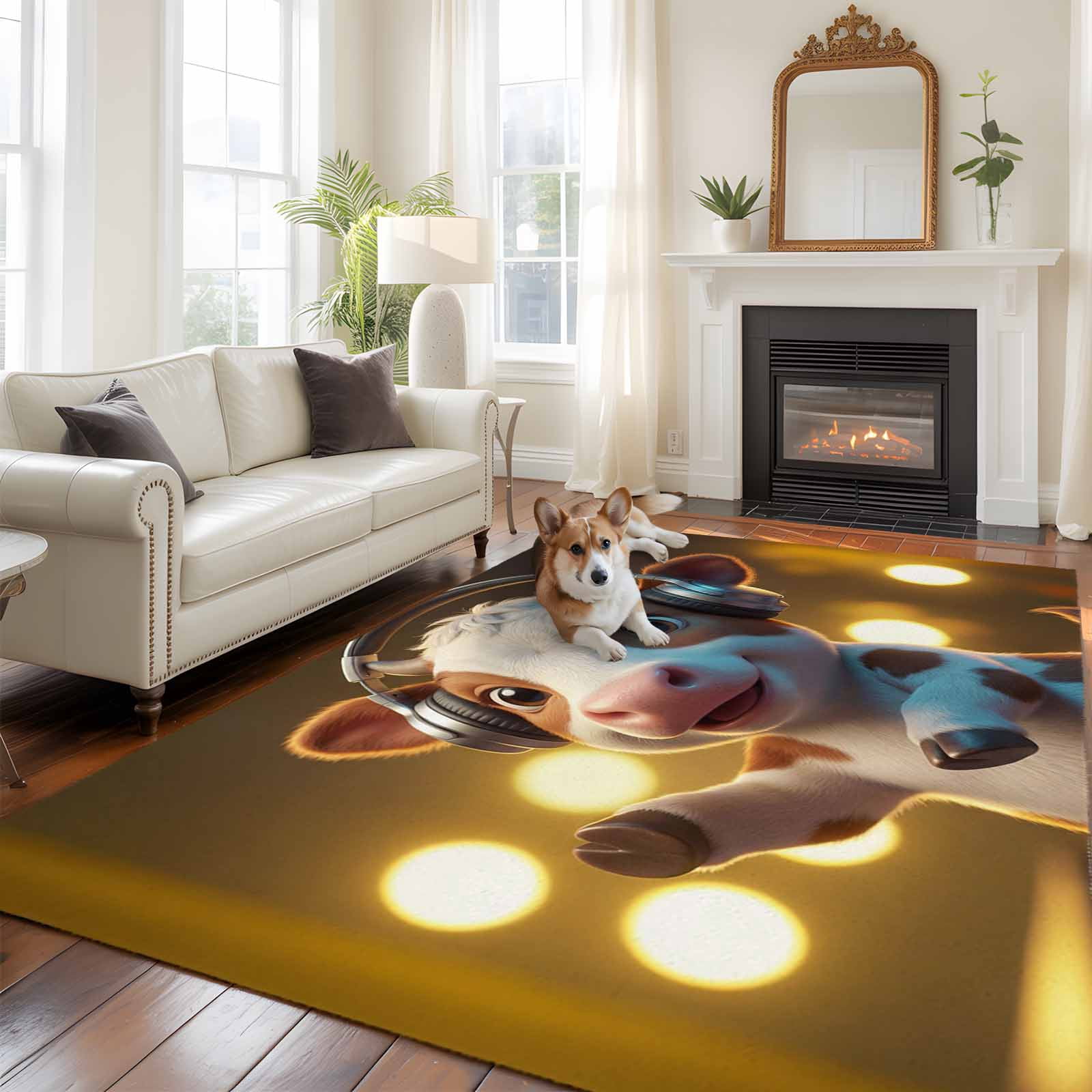 Cow Washable Area Rug 5x8 Abstract Headphone Cow Shiny Light Background ...