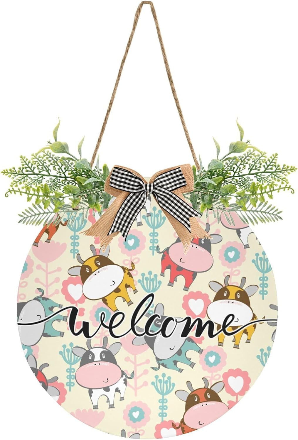 Cow Welcome Sign Farmhouse Front Porch Door Hanging Welcome Wreath for ...