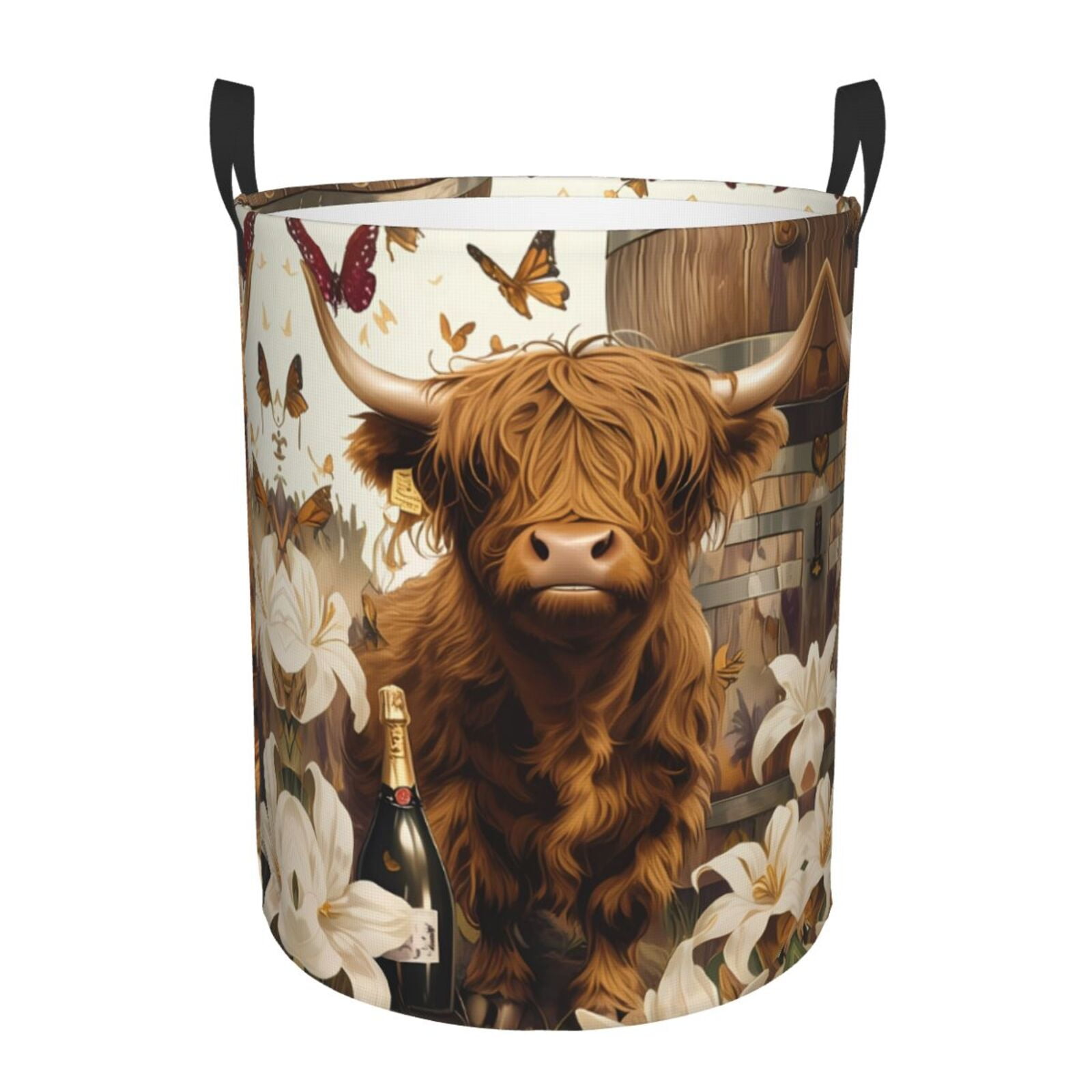 Cow With Butterflies Lilies Round Laundry Basket, Laundry Hamper with ...
