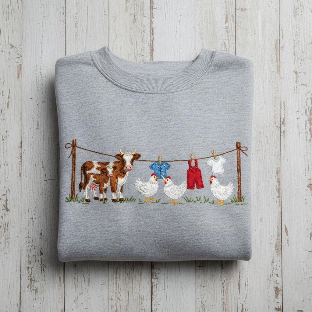 Cow and Chicken Clothesline Embroidered Sweatshirt, Farmcore Shirt ...