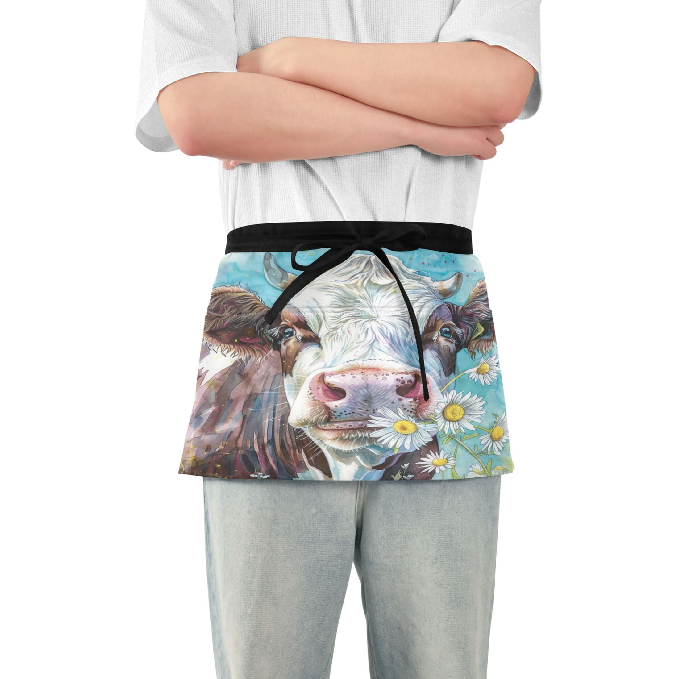 Cow and Daisy Server Apron with 3 Pockets Waterproof Waitress Waist ...