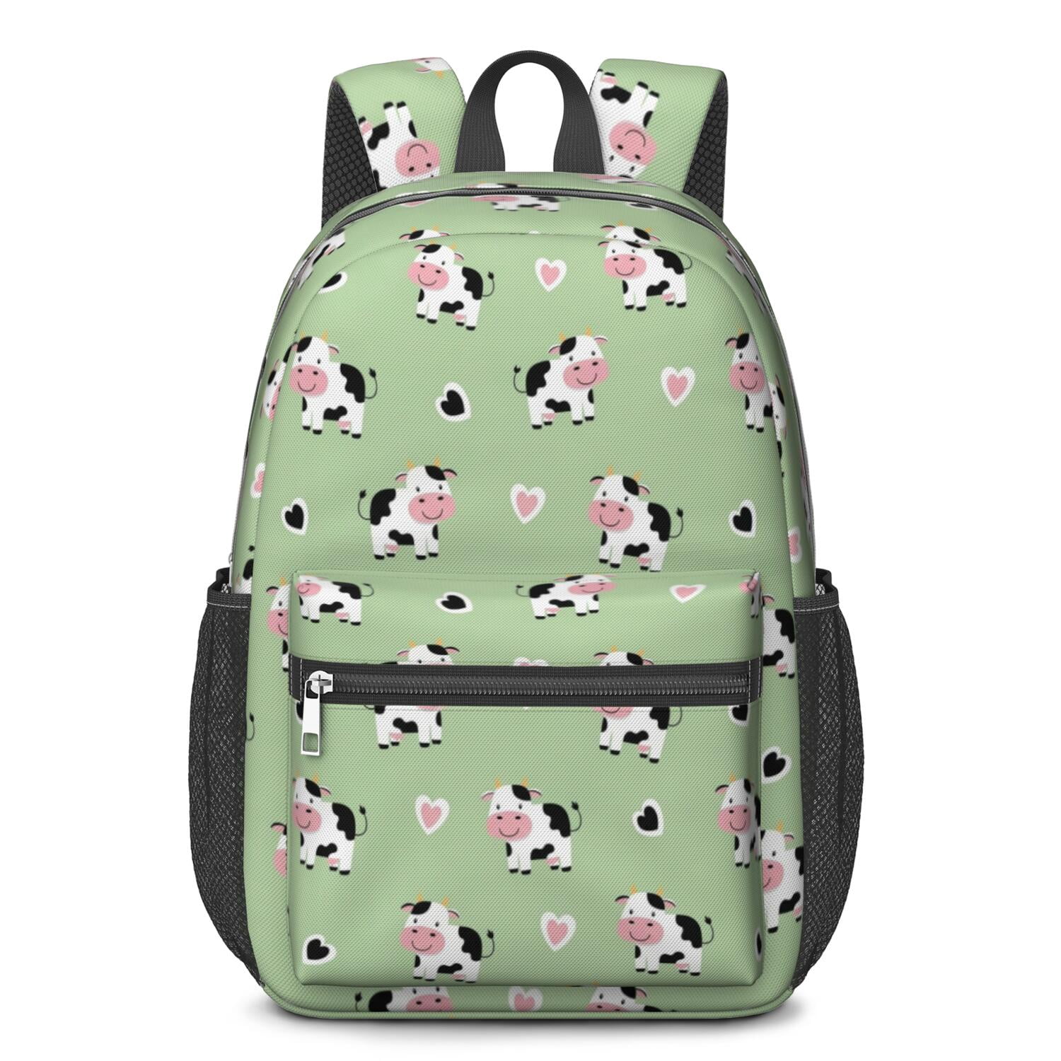 Cow and Heart Green Pattern 17" School Backpacks for Teens,Waterproof ...