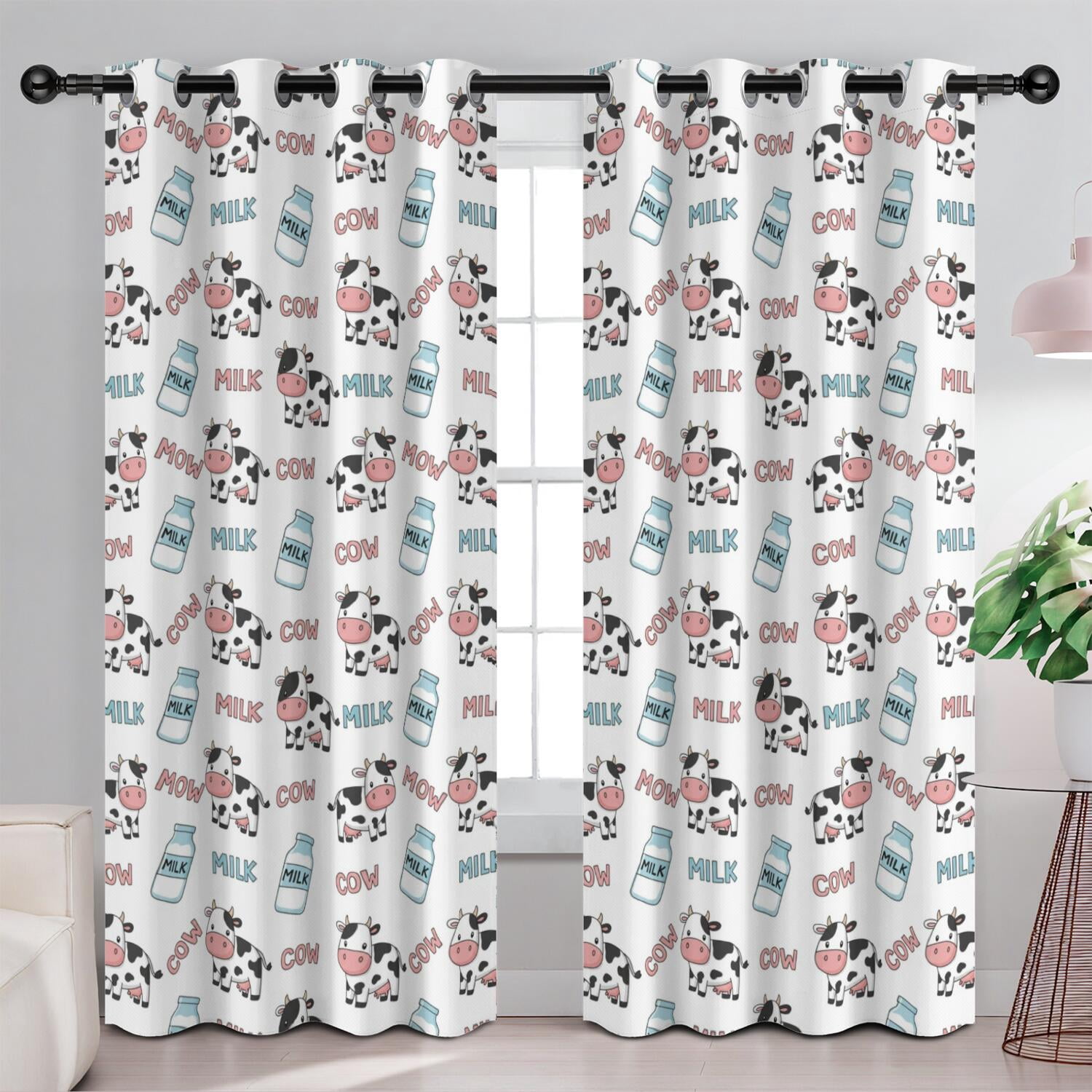 Cow and Milk White Pattern Blackout Curtains,Triple Weaved Fabric ...