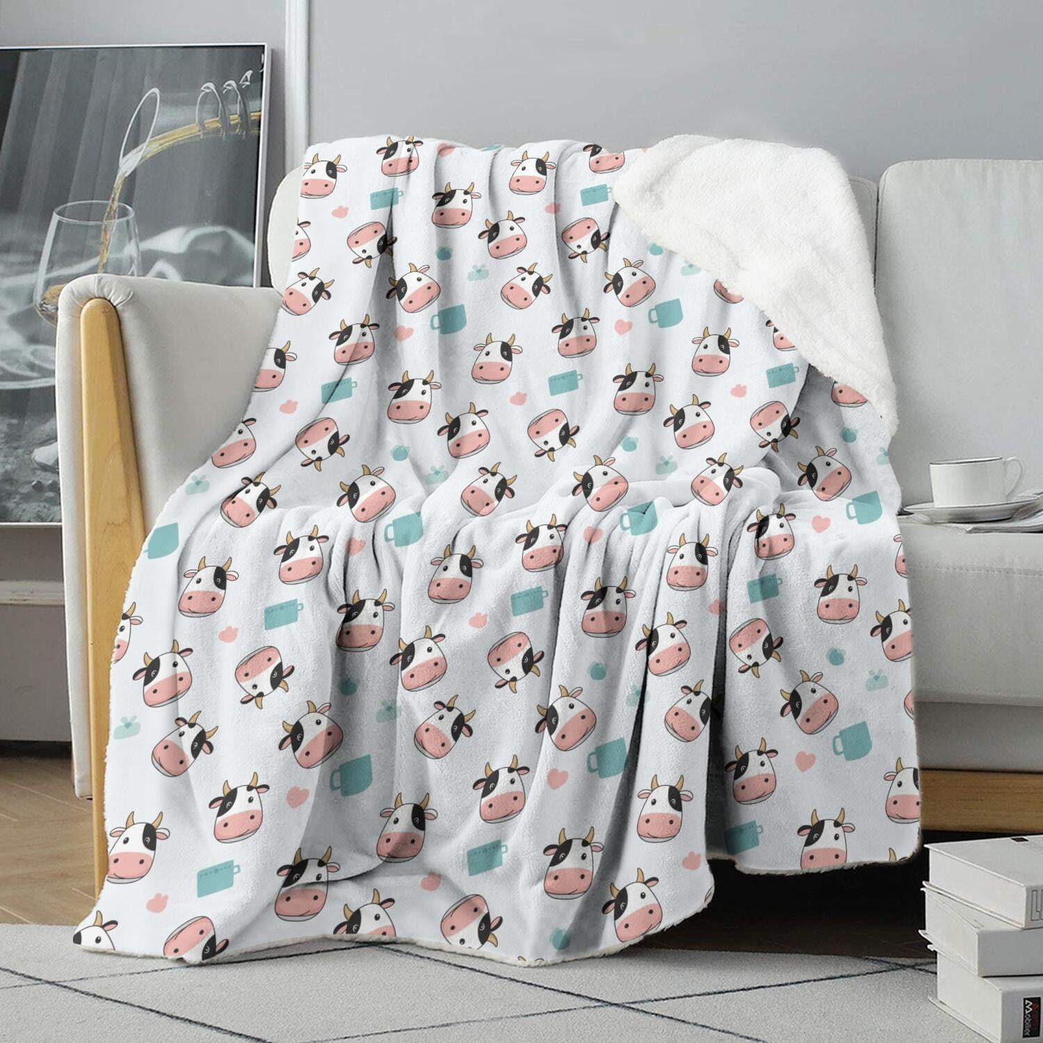 Cow and Mug White Pattern Soft Sherpa Fleece Throw Blanket, Warm Cozy ...
