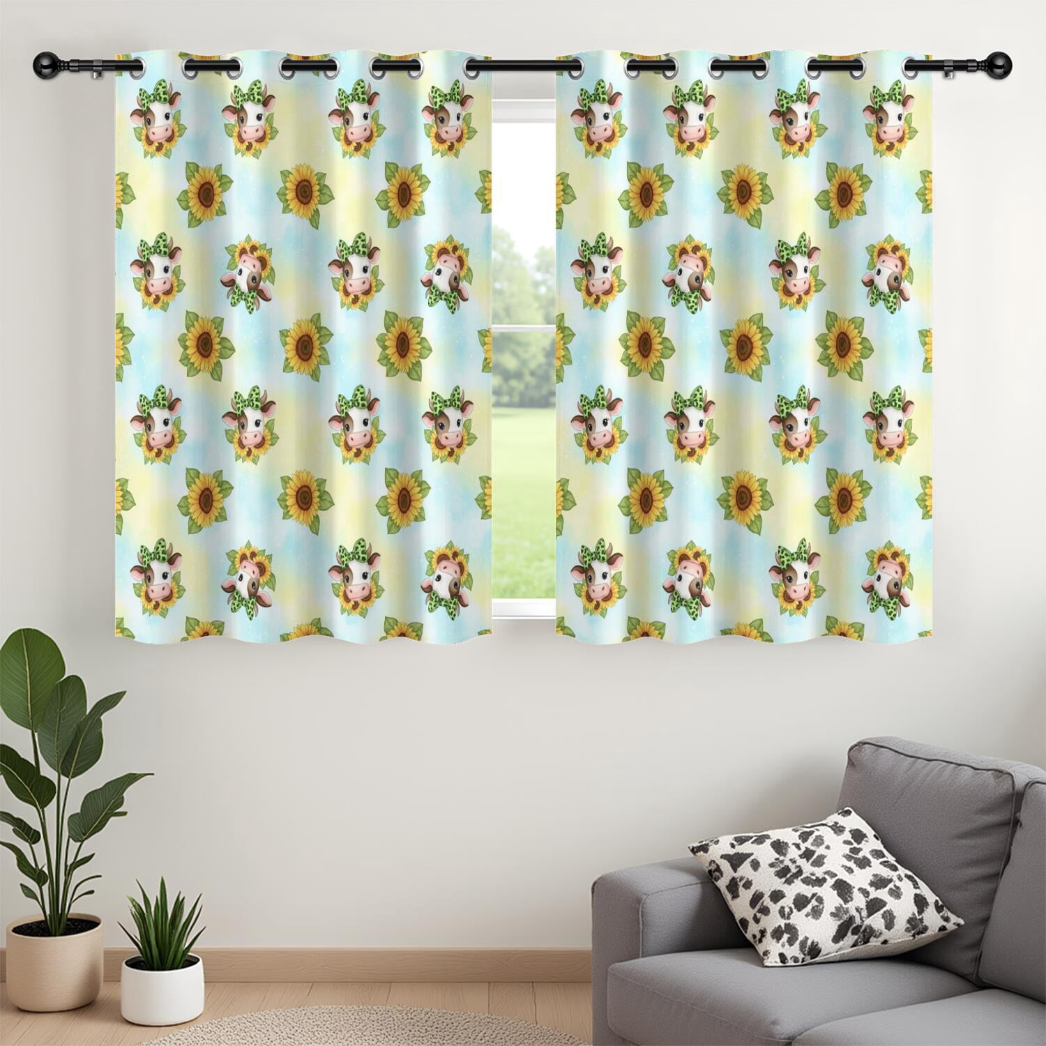 Cow and Sunflower Print Blackout Curtains,Triple Weaved Fabric,Thermal ...