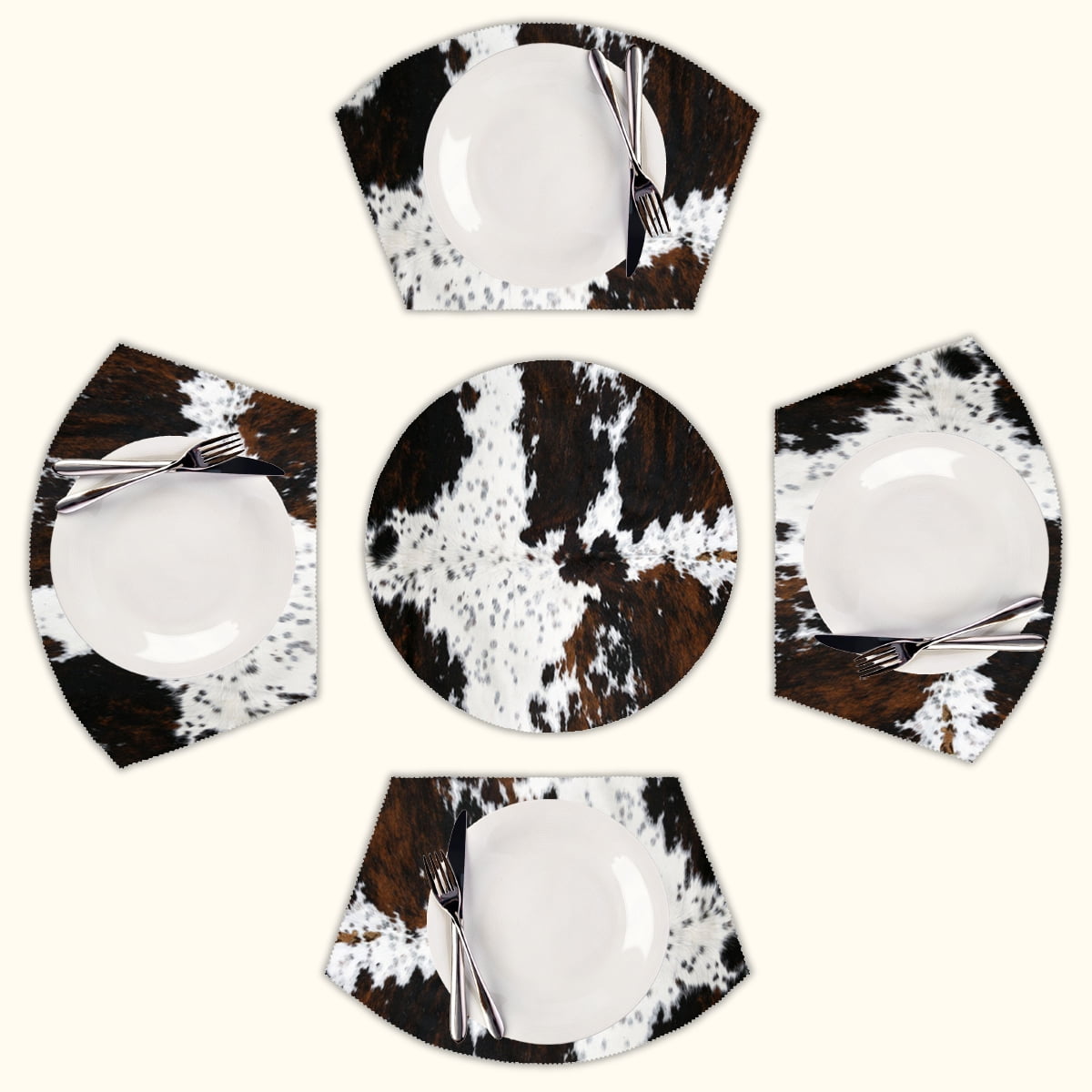 Cow hide Round Table Placemats Set Of 5 Wedge Table Mats Washable Heat ...