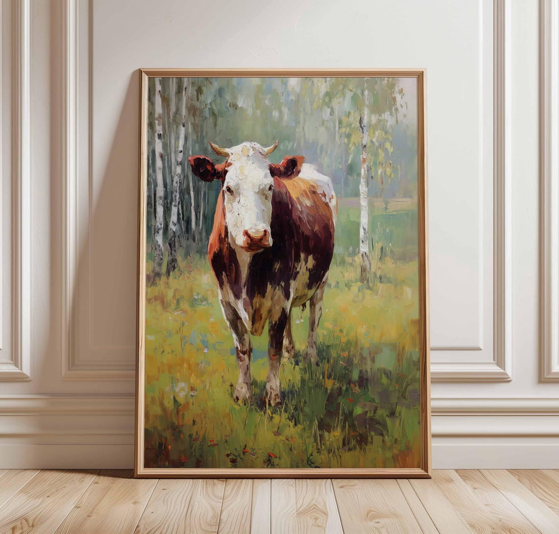 Cow in Meadow Rustic Farm Animal Country Pasture Impressionist Art ...