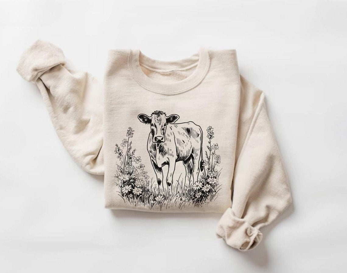 Cow in a Field of Flowers Sweatshirt, Floral Farm Animal Sweater, Farm ...