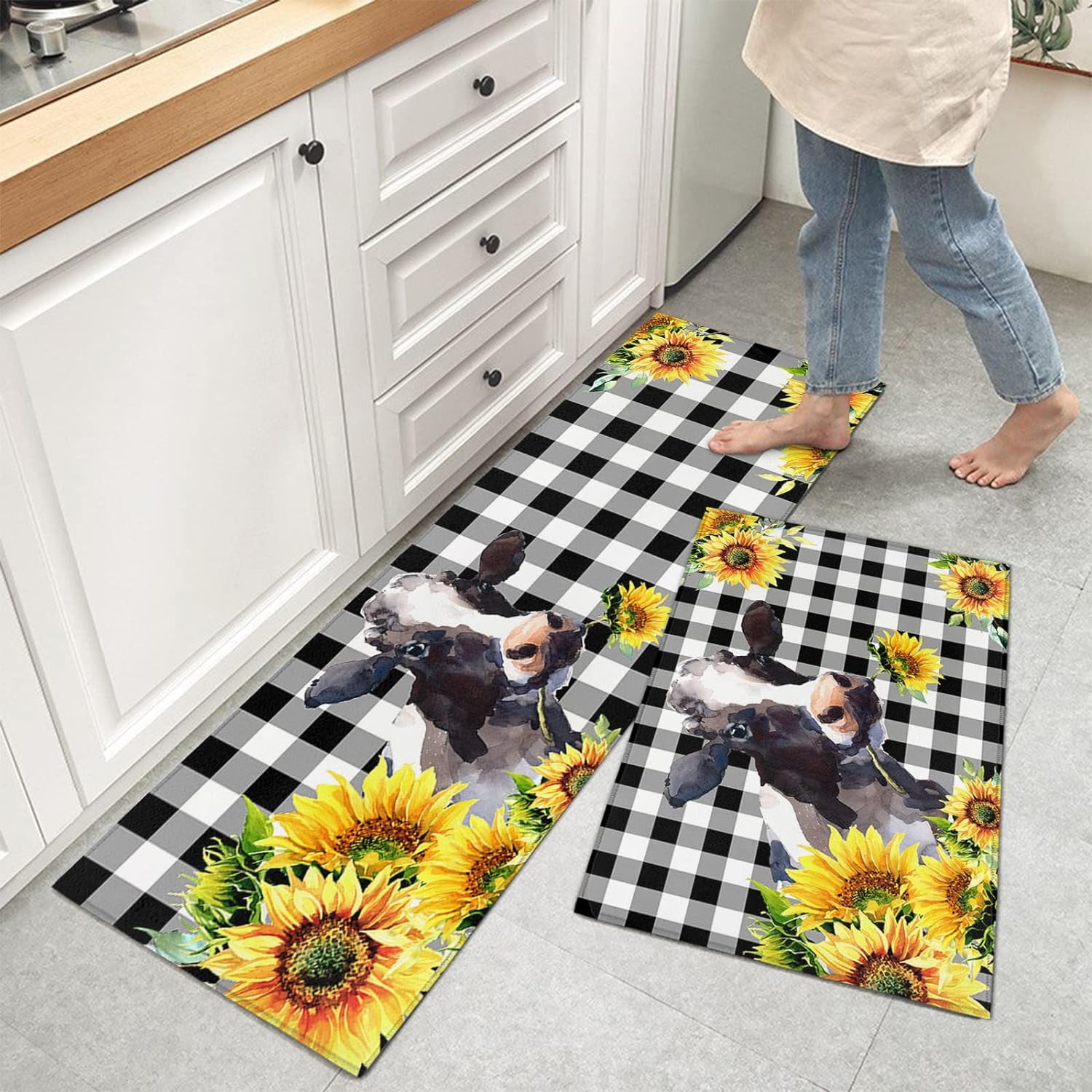 Cow kitchen Rugs, Kitchen Mats for Floor, Black White Buffalo Plaid ...