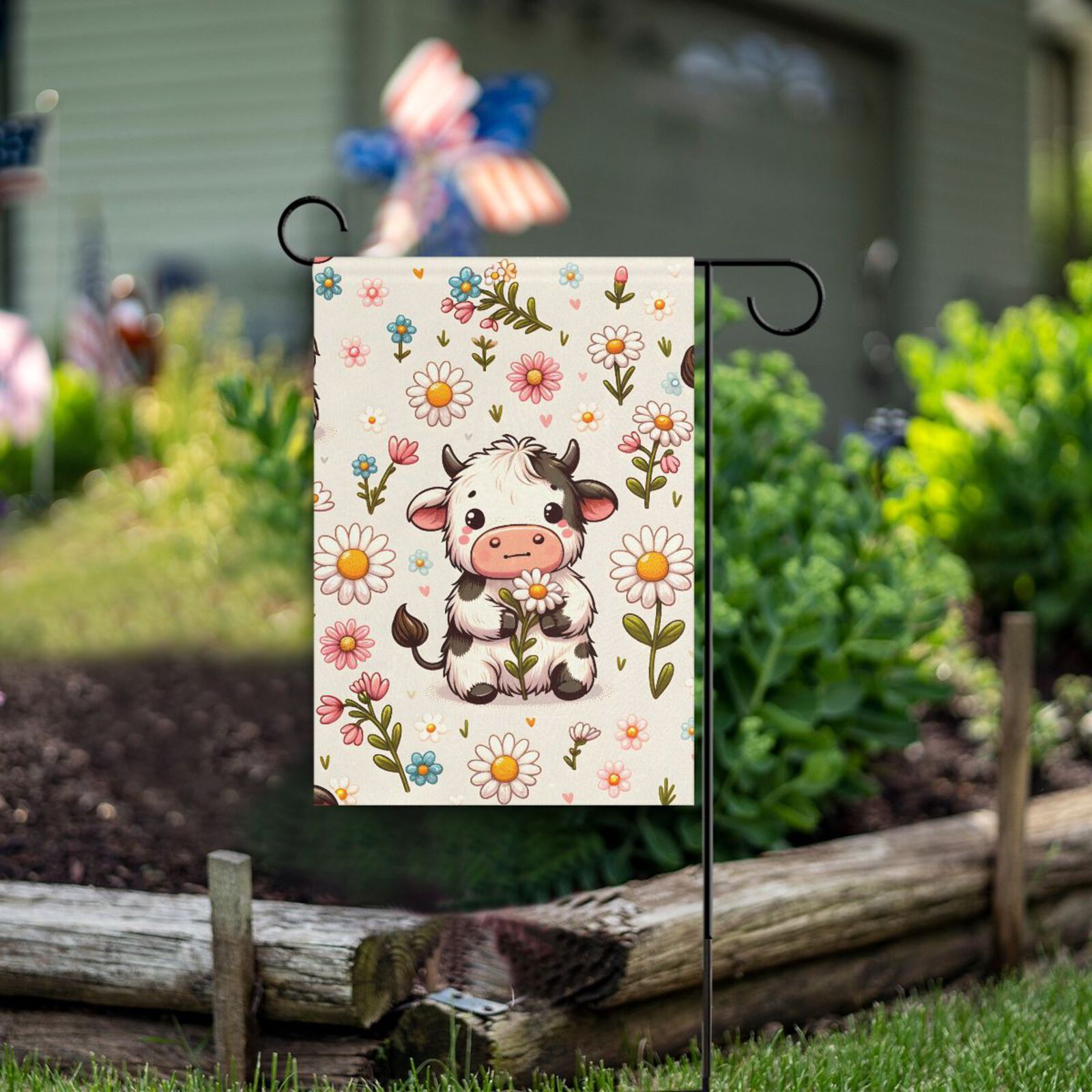 Cow on Flowers Garden Flag Double Sided Outdoor Banners for Courtyard ...