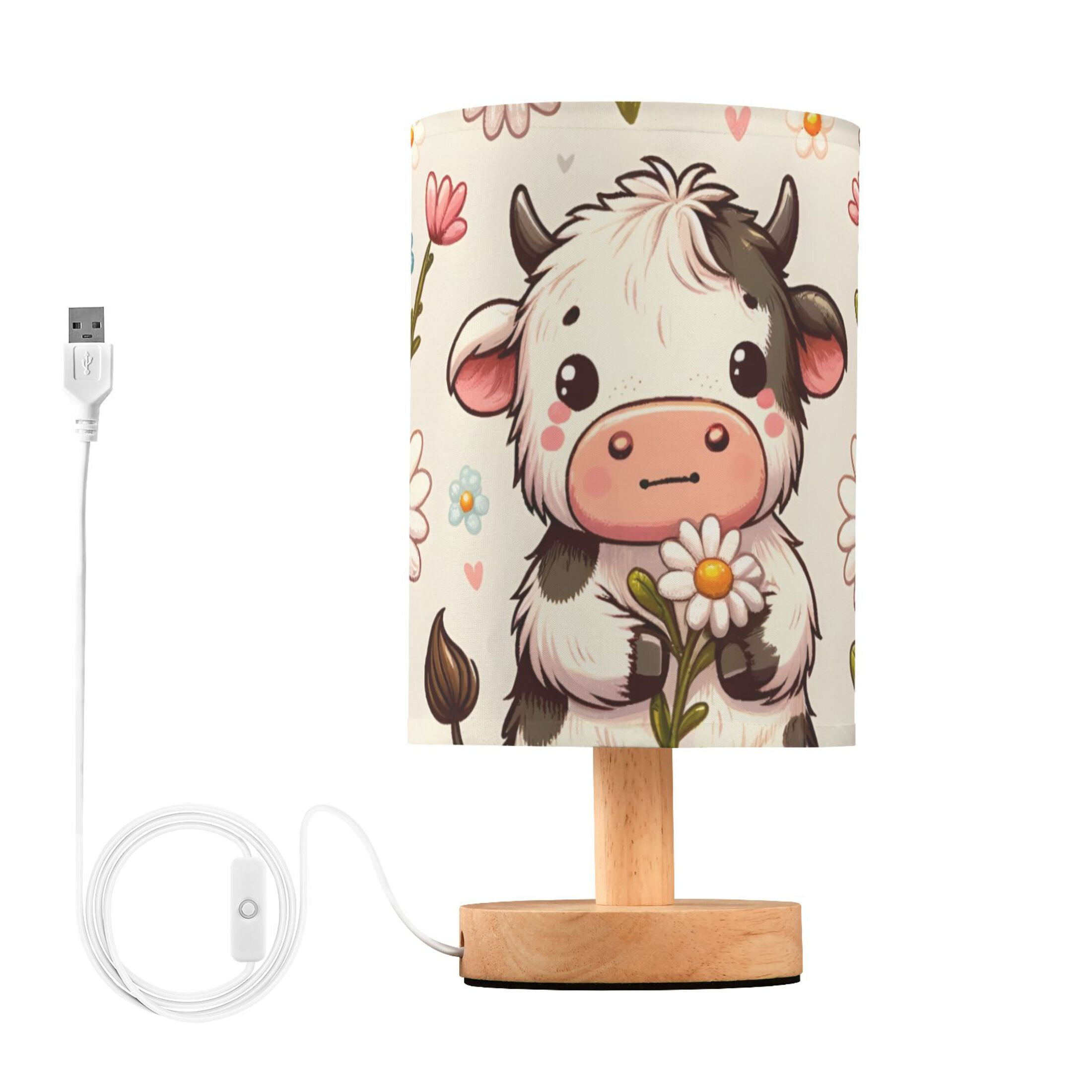 Cow on Flowers Table Lamp USB Bedside Desk Nightstand Lamp Printed ...