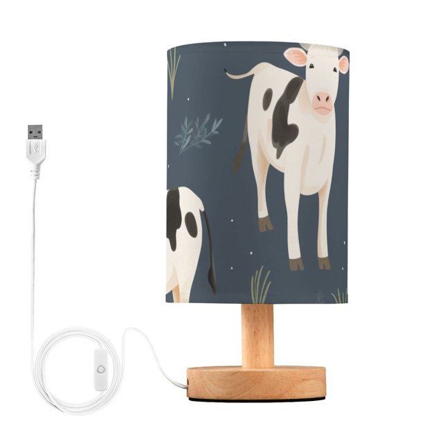 Cow on Grass Bedside Table Lamp LED Warm Lights with USB Charging Port ...