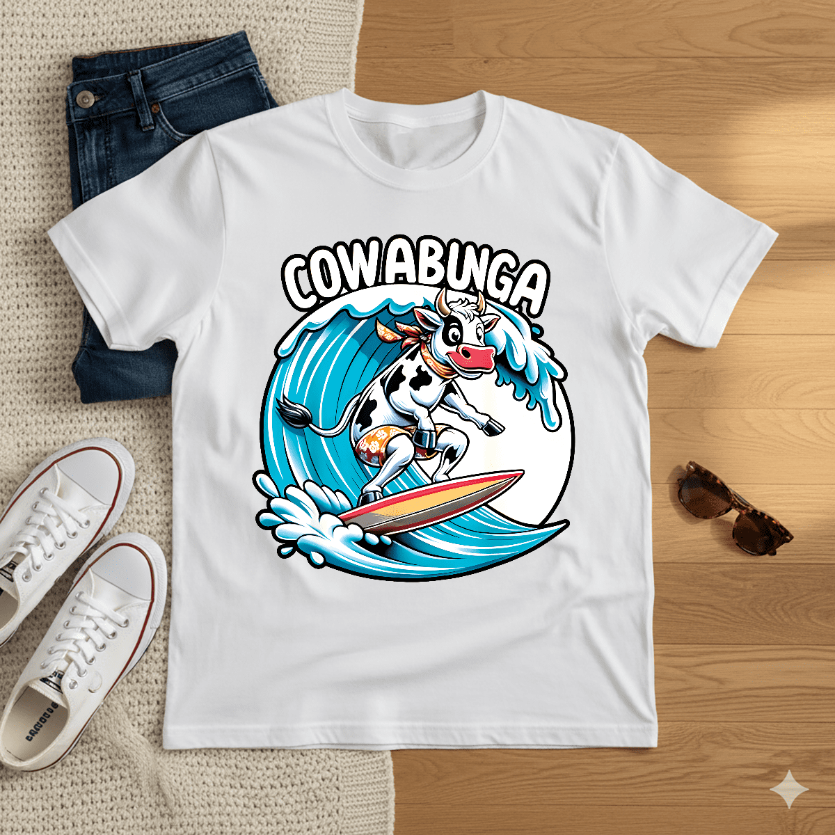 Cowabunga Beach Surfing Cow With A Surfboard Funny Art Unisex T-Shirt ...