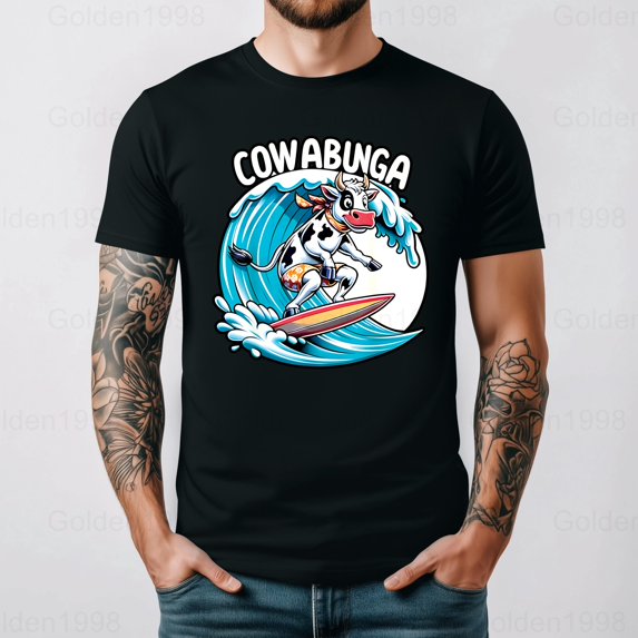 Cowabunga Beach Surfing Cow With Surfboard Fun Graphic Tee,for men ...