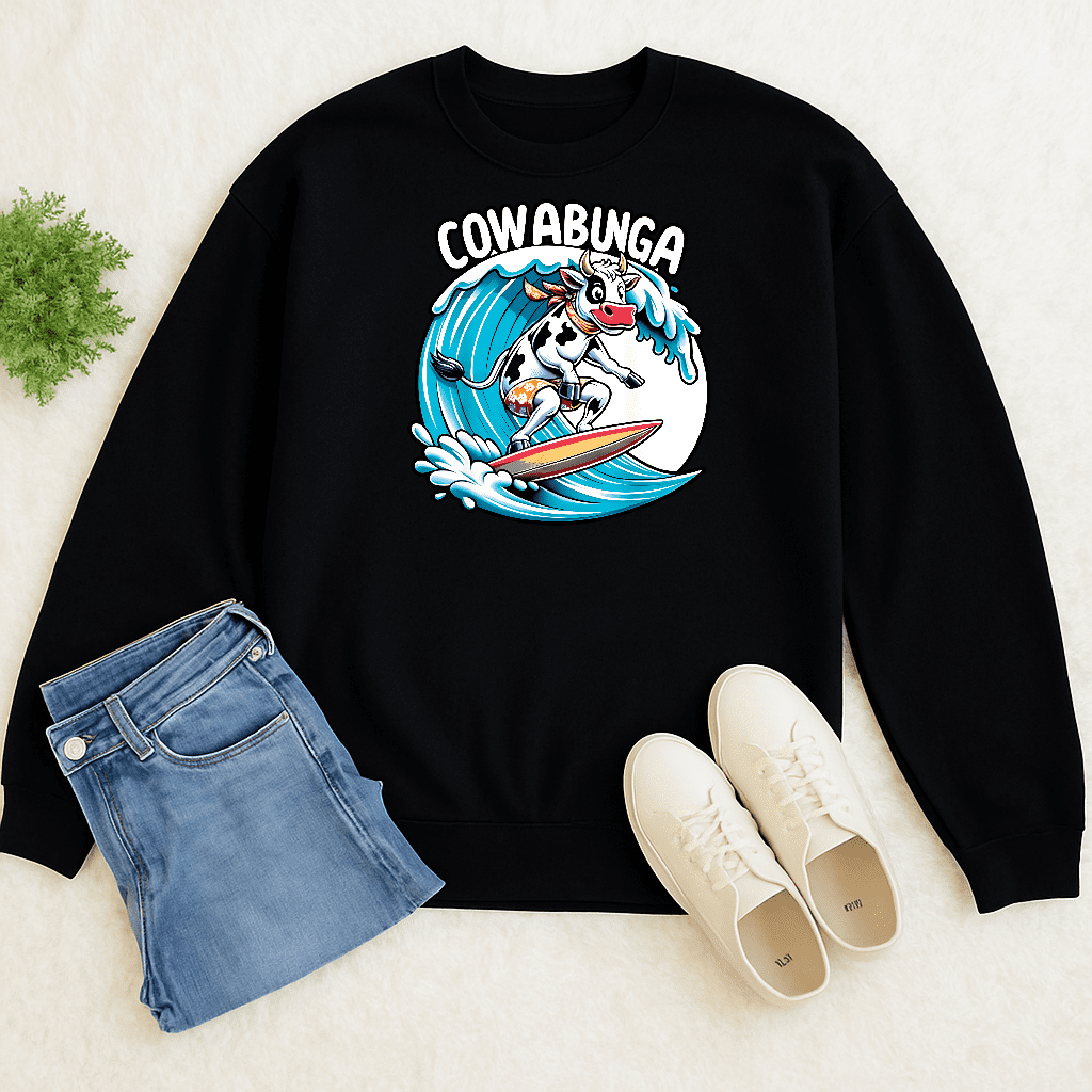 Cowabunga Surfing Cow With Surfboard Fun Summer Beach Cartoon Graphic ...