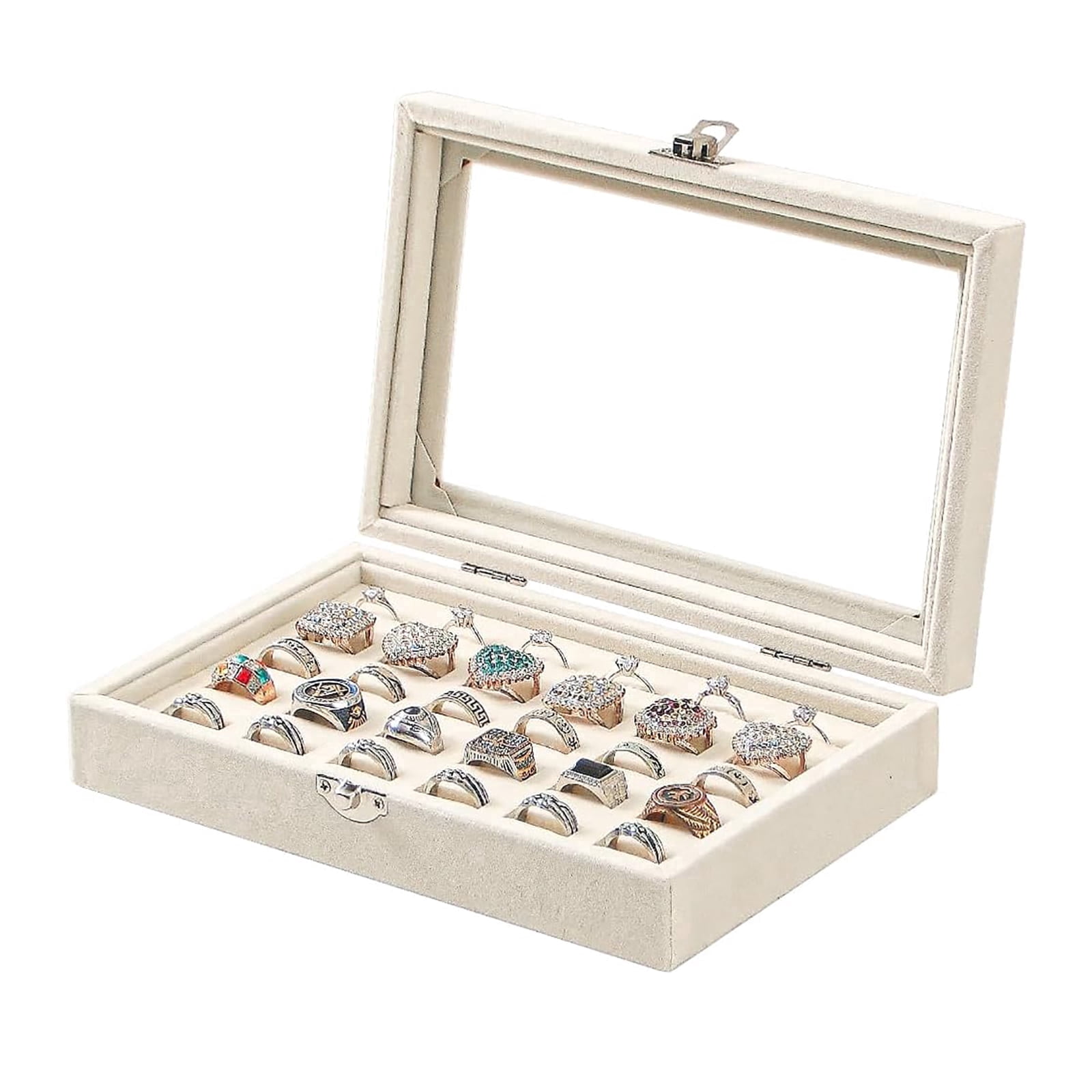 Coward Velvet Ring Display Case, 30 Slots Jewelry Holder With Glass Lid ...