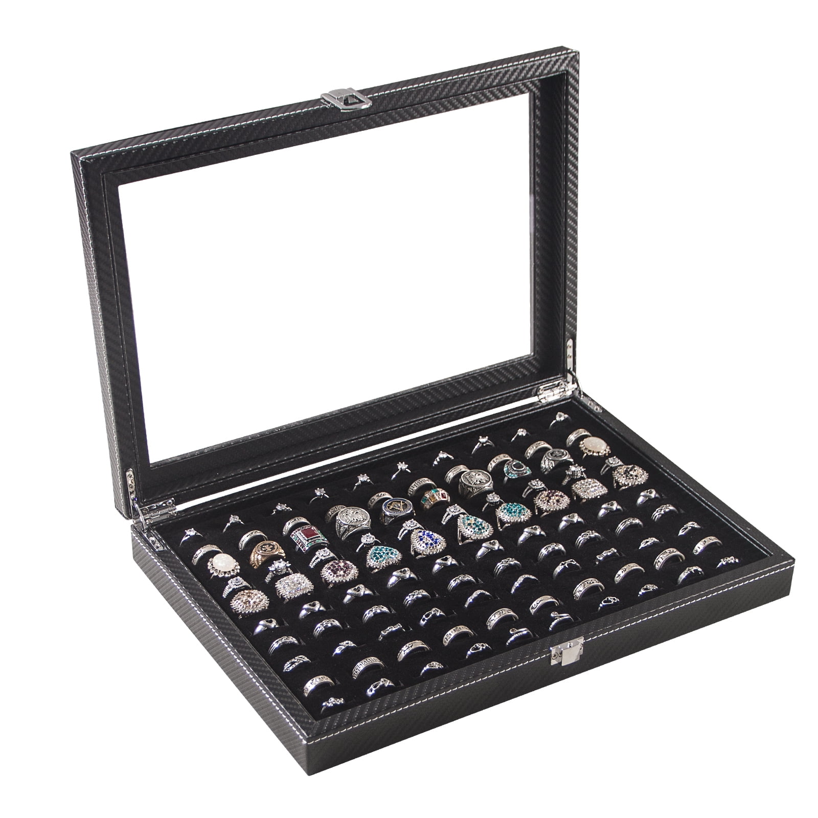 Coward Ring Organizer Tray 100 Slots Ring Holder with Clear Lid Velvet ...