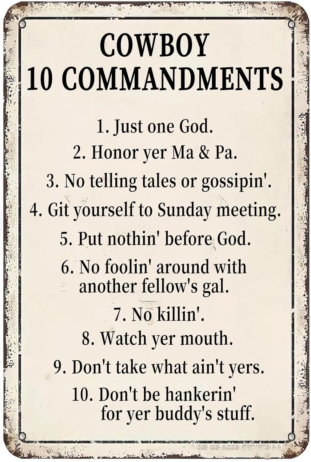 Cowboy 10 Commandments Vintage Metal Sign,Just One God Inspirational ...
