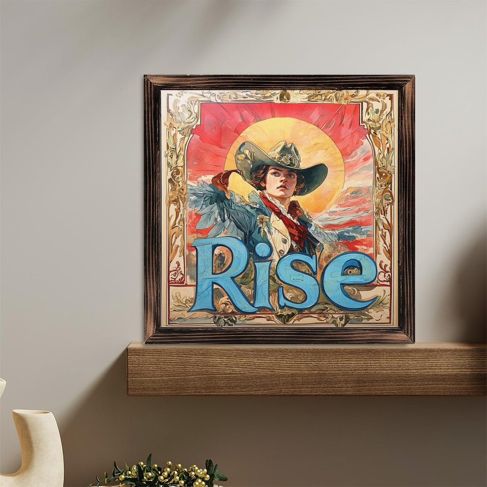Cowboy Art Deco Poster Rise Wooden Sign Wall Plaque - Vintage Art ...