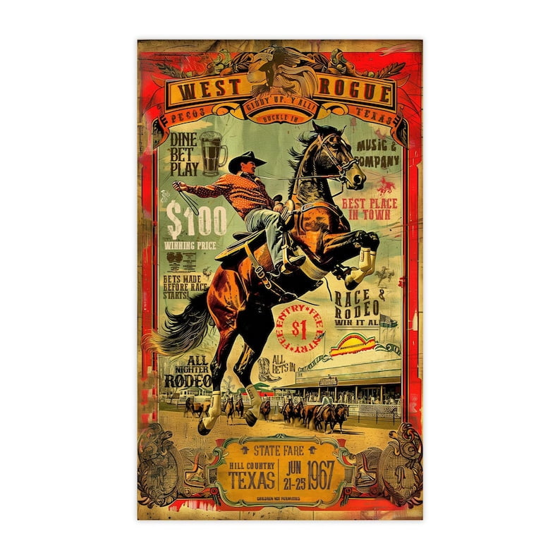 Cowboy Art Print West Rogue Rodeo Texas State Fair 1967 Antique Rodeo ...