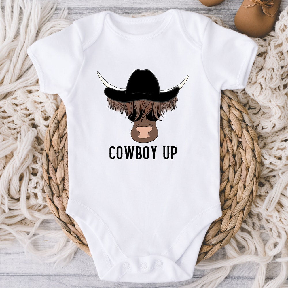 Cowboy Up Baby Bodysuit, Highland Cow With Hat Baby Bodysuit, Little Cowboy, Country Farm Baby ...