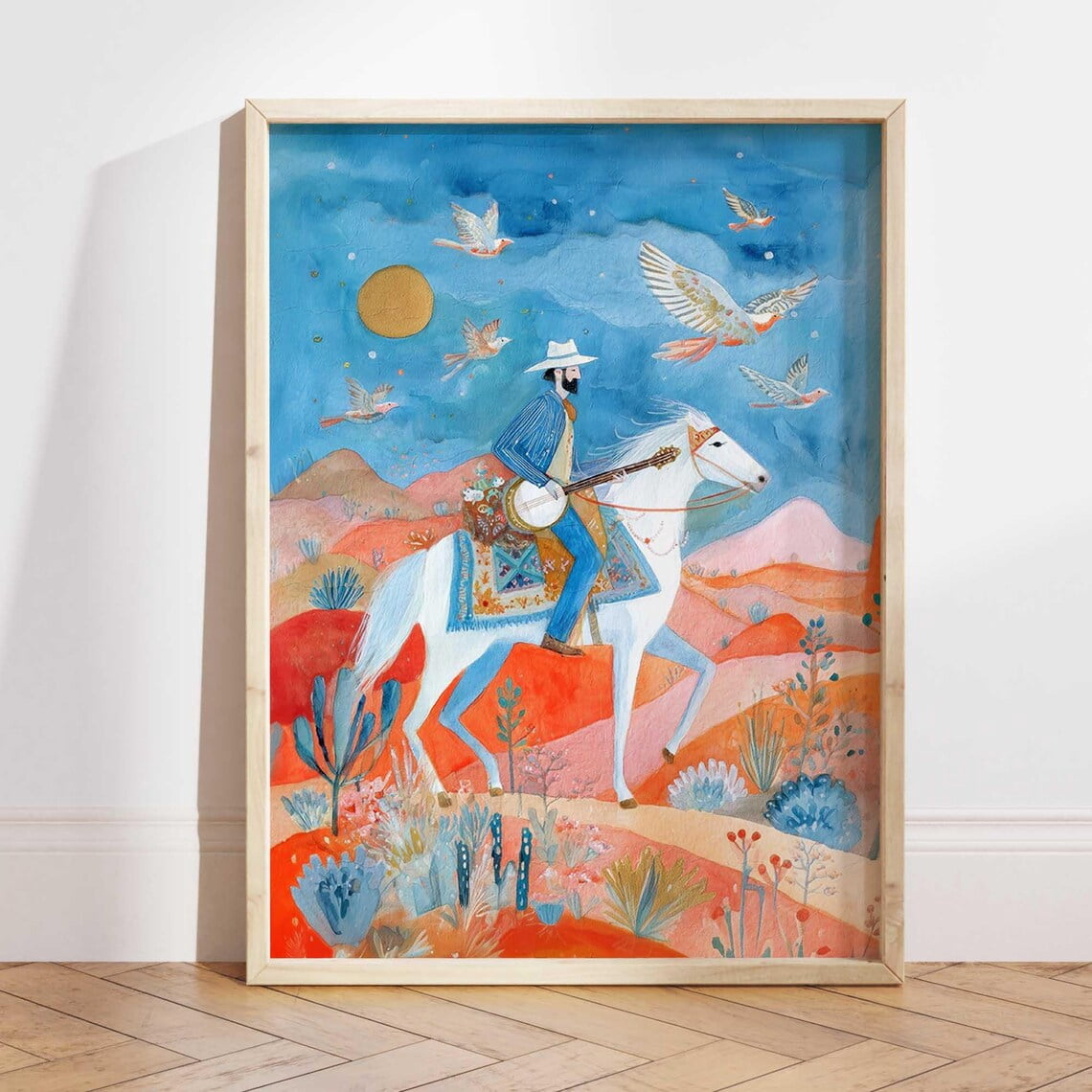 Cowboy Banjo White Horse Western Desert Sunset Wall Picture, Unframed ...