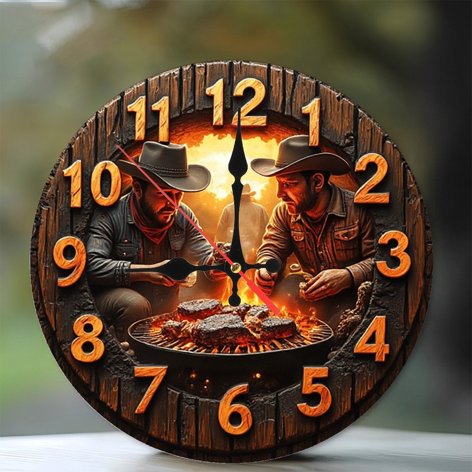 Cowboy Barbecue Wall Clock Rustic Western Decor 10-Inch Silent Wooden ...