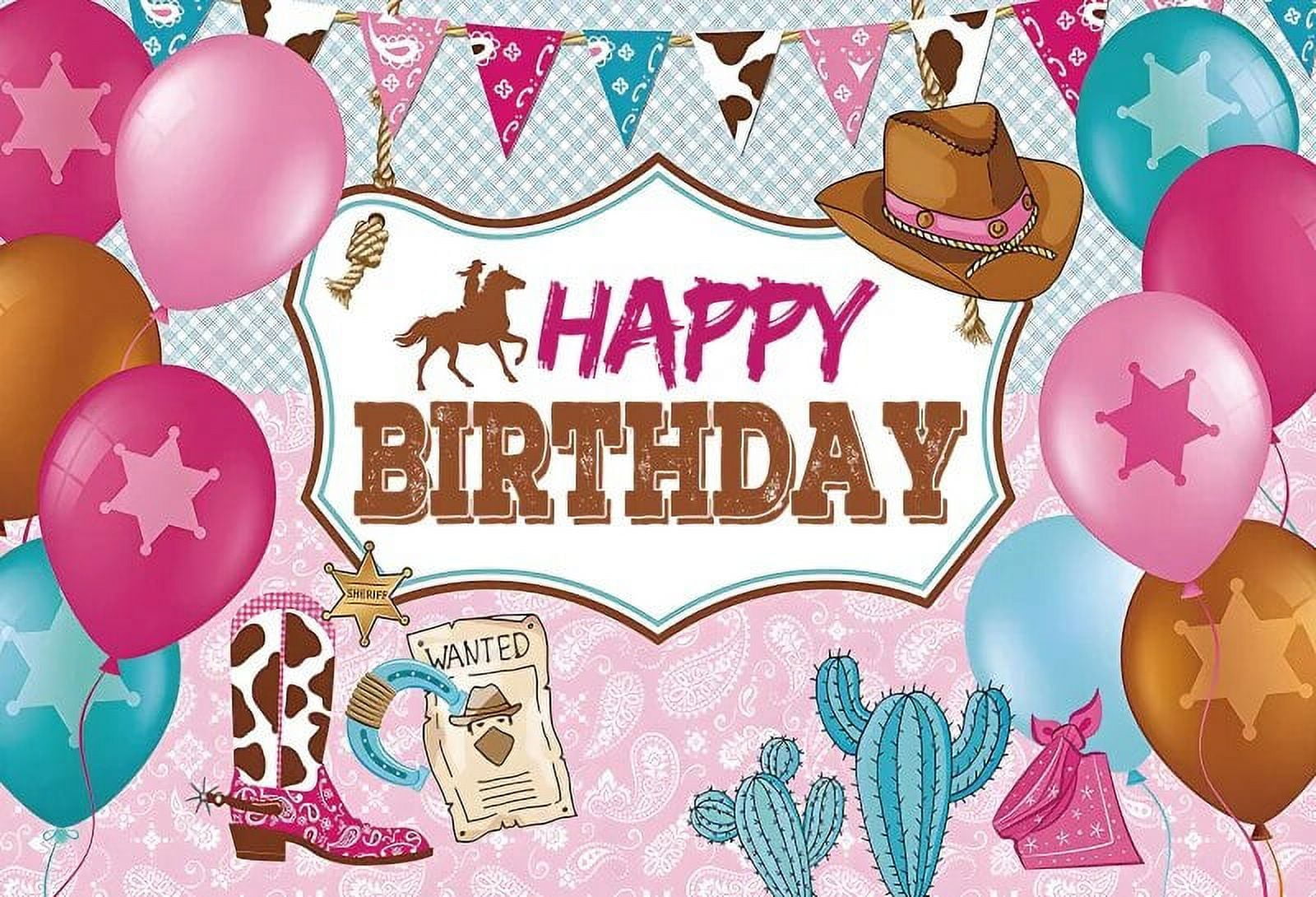 Cowboy Birthday Backdrop West Hat Riding Boots Horse Pink Ballons ...