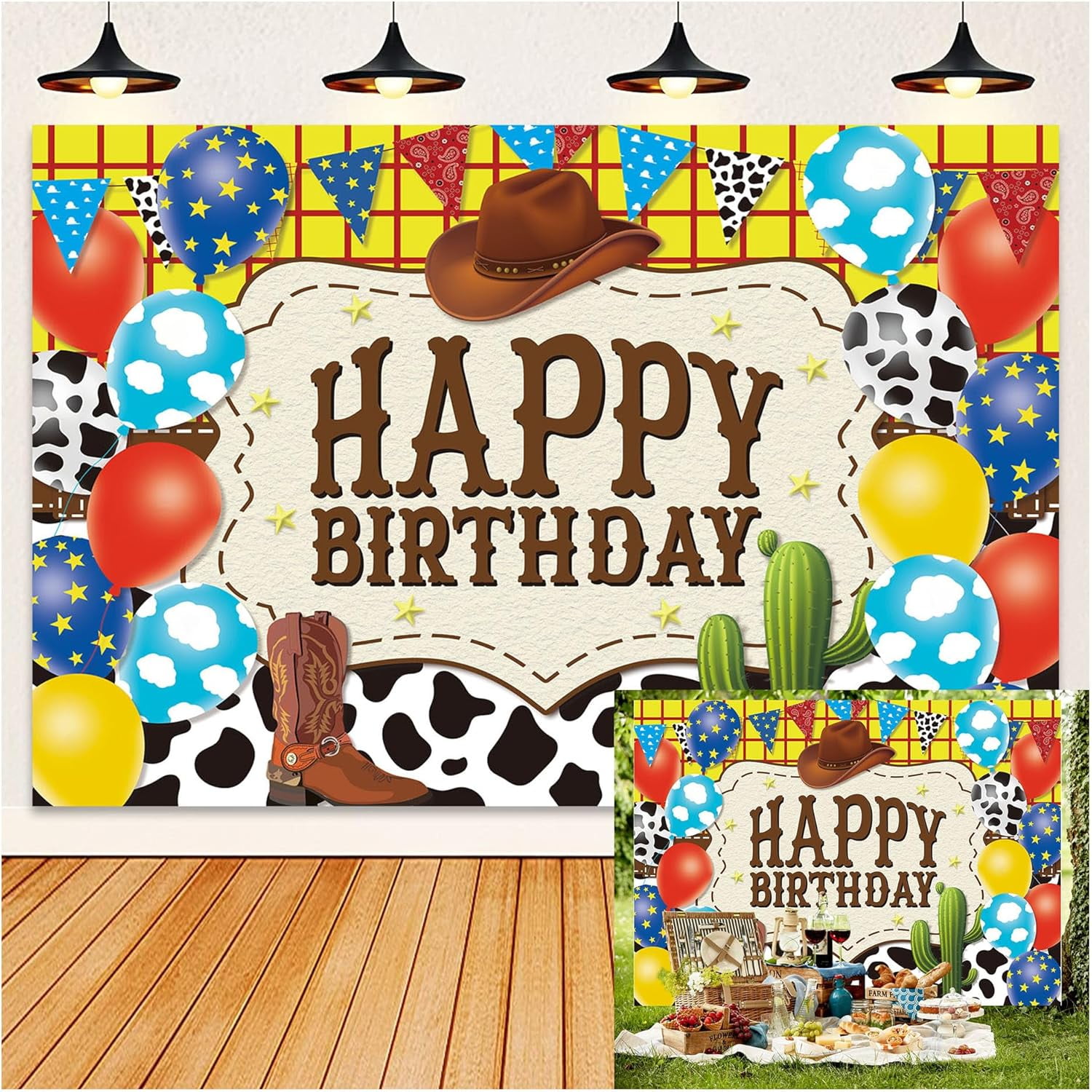 Cowboy Birthday Cartoon Story Backdrop Blue Sky White Clouds Rodeo ...