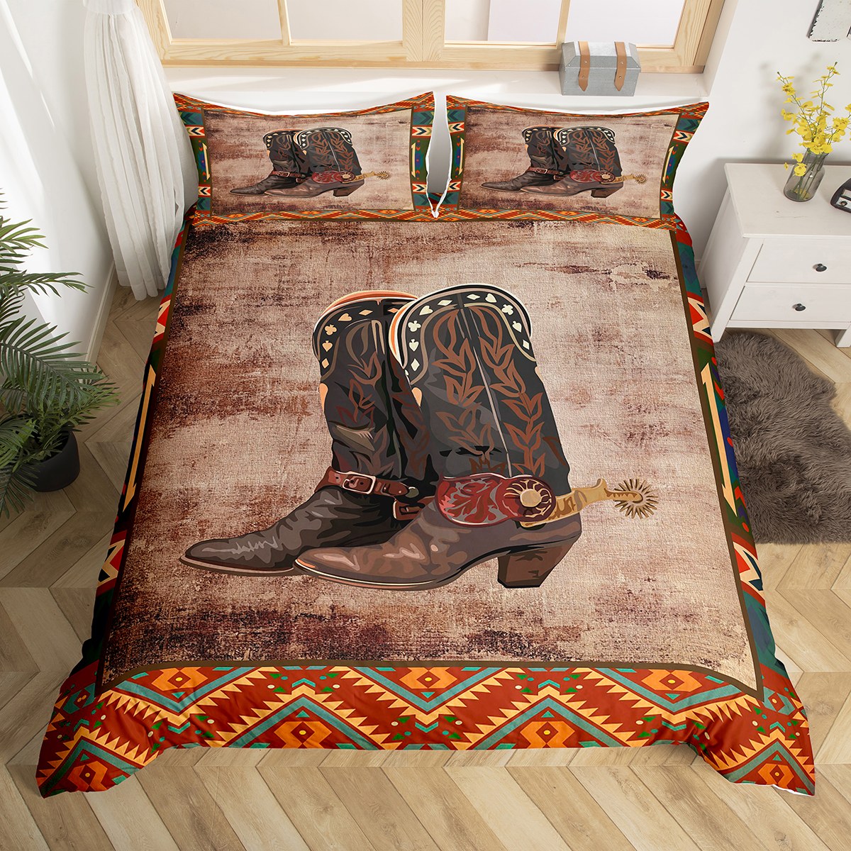 Cowboy Boot Duvet Cover Queen Retro Cowboy Bedding Set Tribal Aztec ...