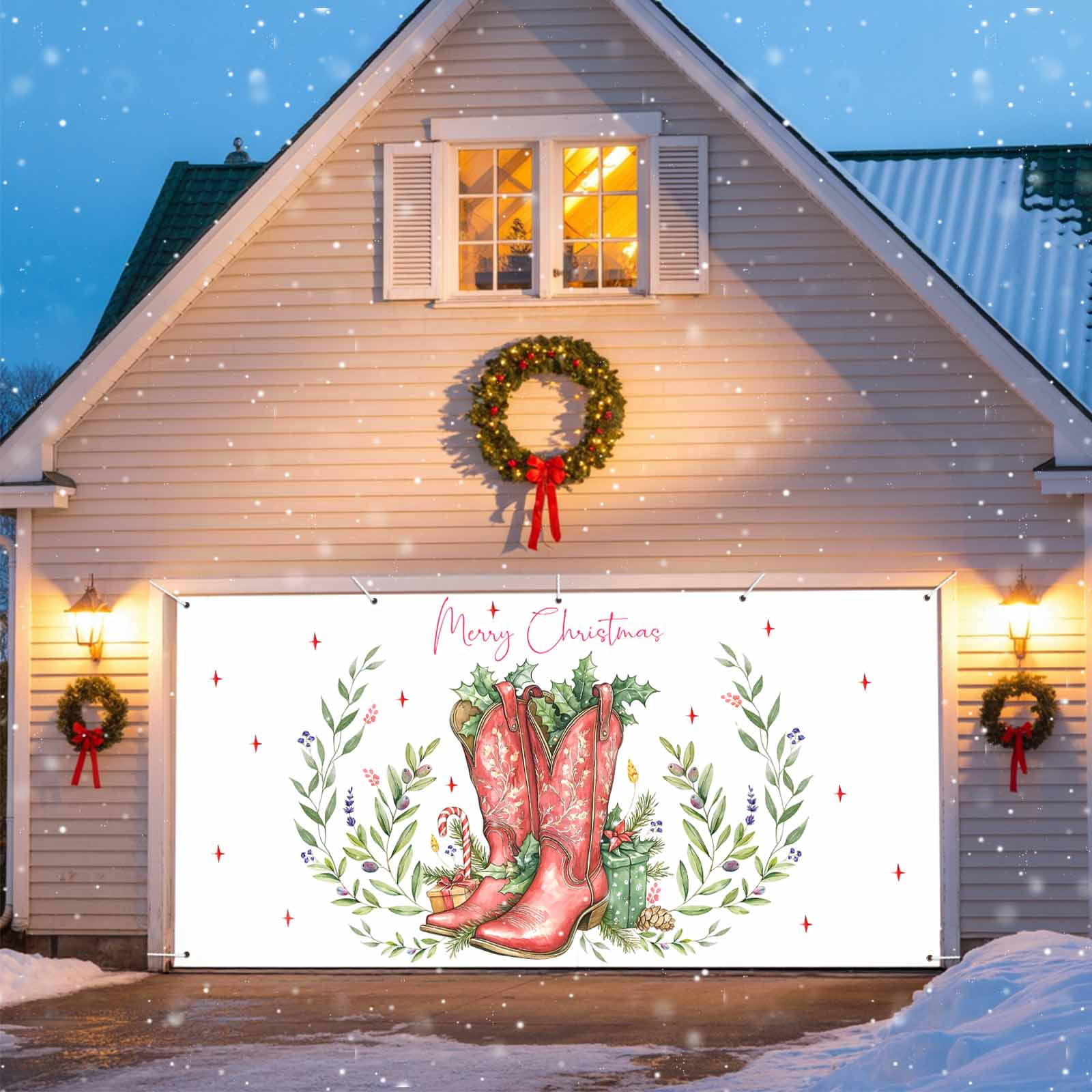 Cowboy Boot Red Christmas Garage Door Decorations, 6.9x16ft Garage Door ...