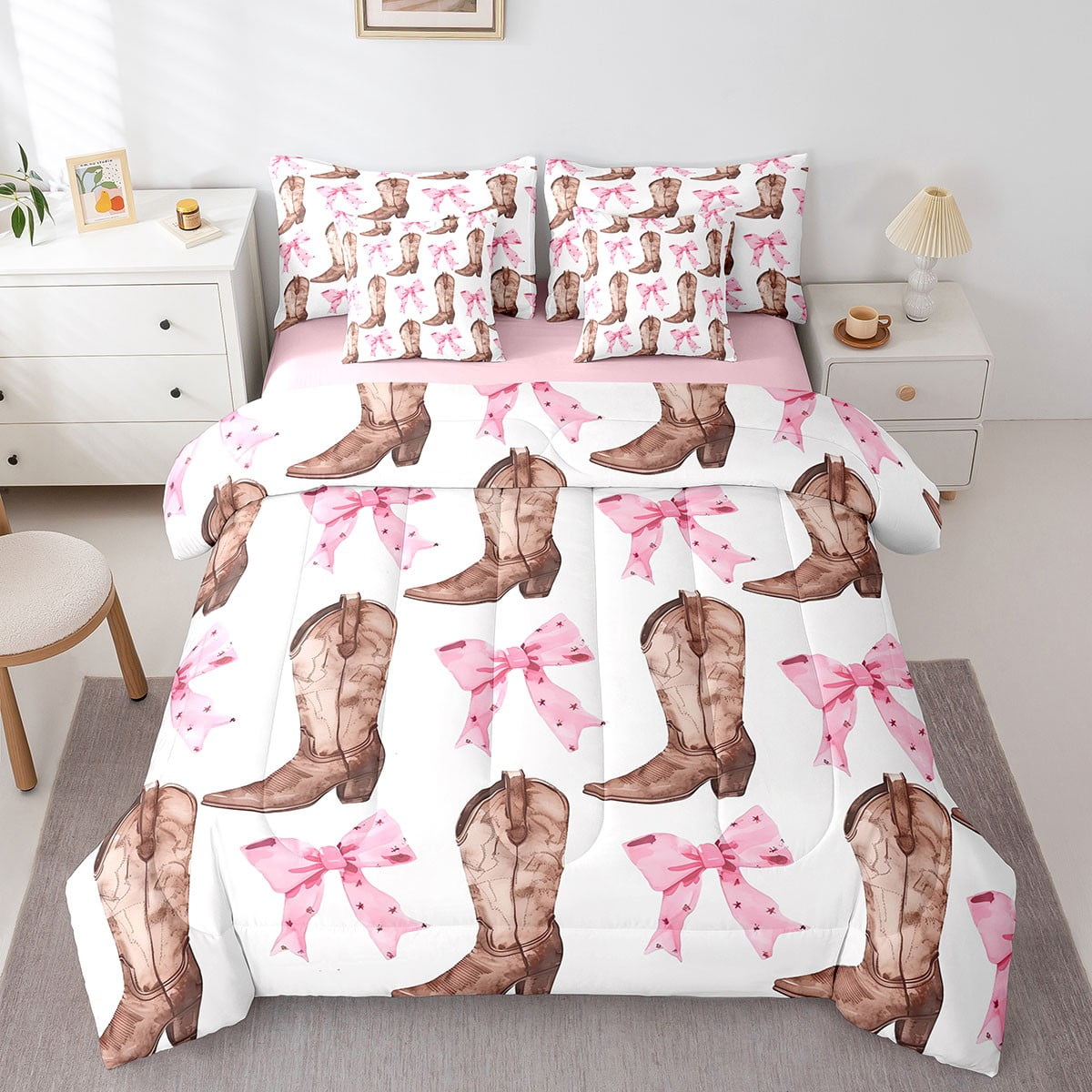 Cowboy Boots Bedding Set Queen Size, Kawaii Bow Knot Cozy Comforter Set ...