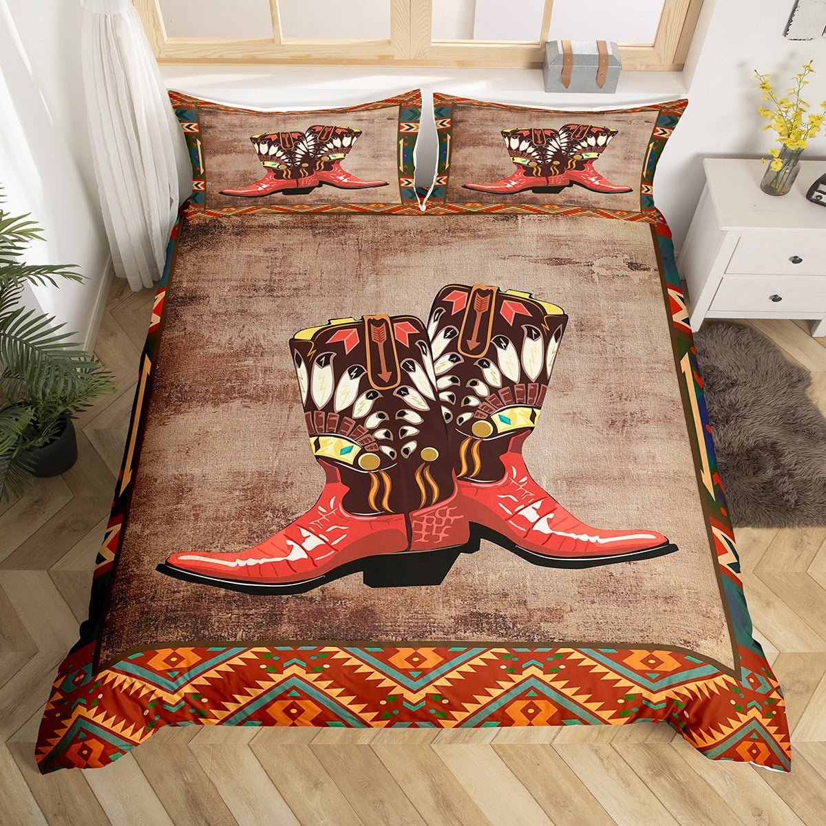 Cowboy Boots Bedding Set Twin Western Farmhouse Duvet Cover Geometric ...