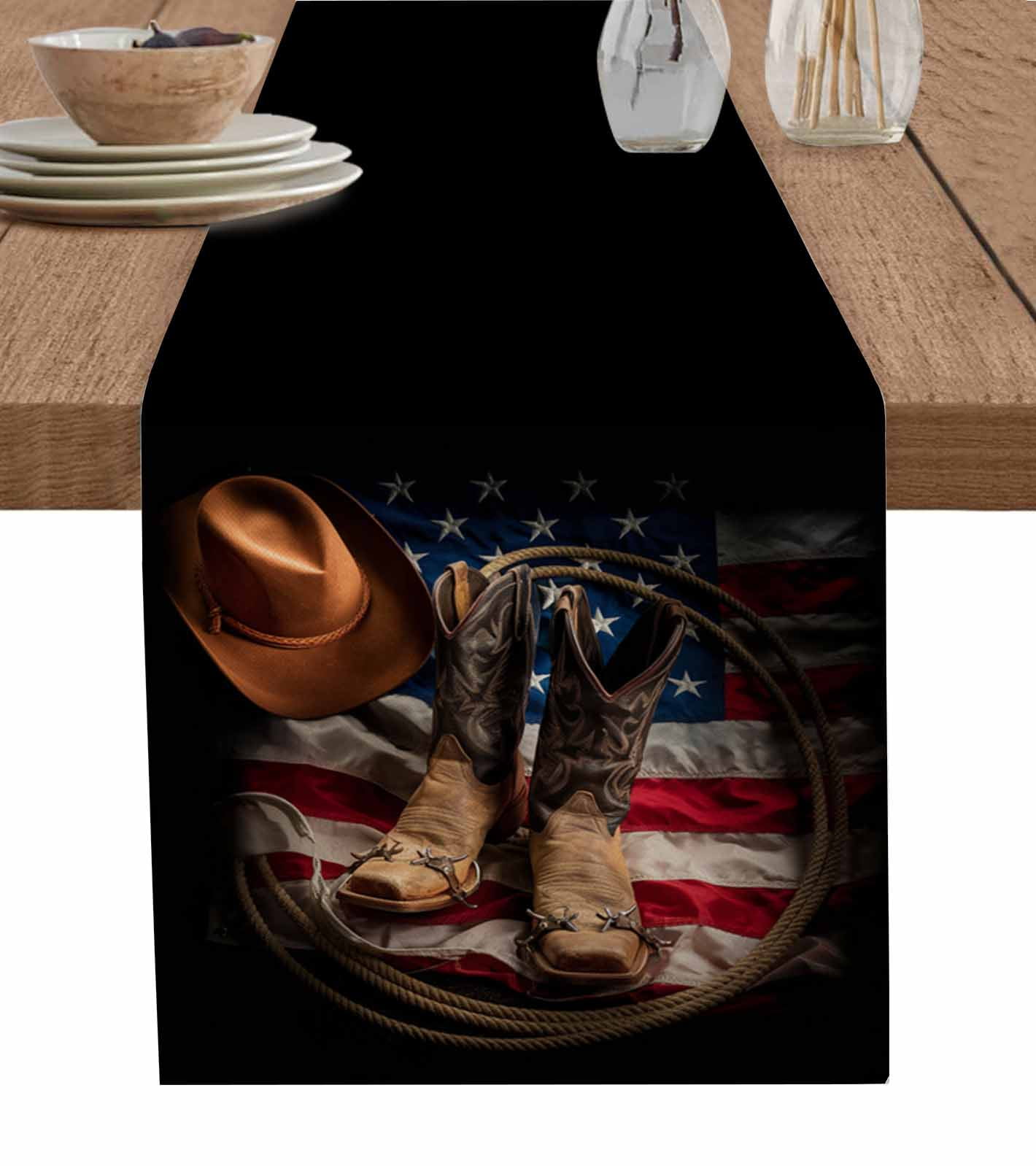 Cowboy Boots Hat Burlap Cotton Table Runner 13x90 Inches Long, American ...