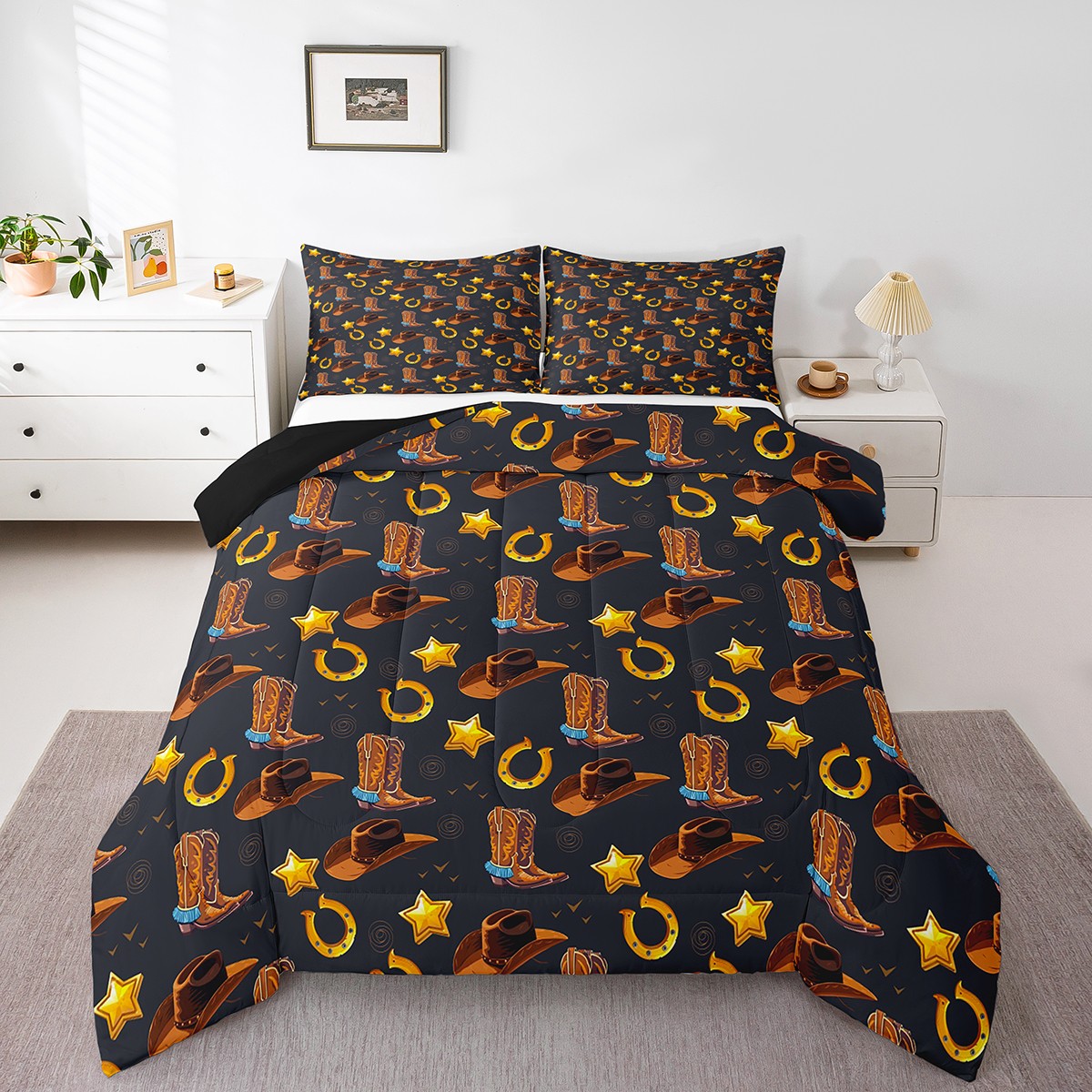 Cowboy Boots Hat Comforter Set,Cartoon Golden Stars Horseshoe Bedding ...