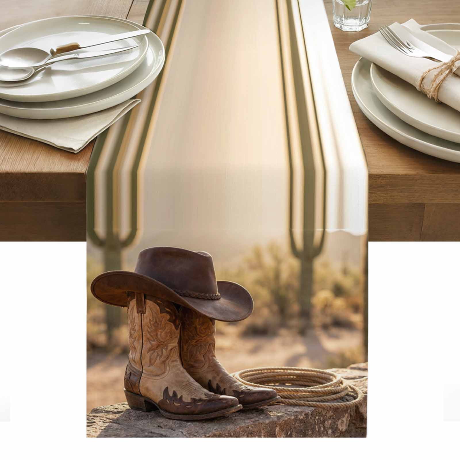 Cowboy Boots Hat Cotton Linen Table Runner Western Rope Cacti Vintage ...