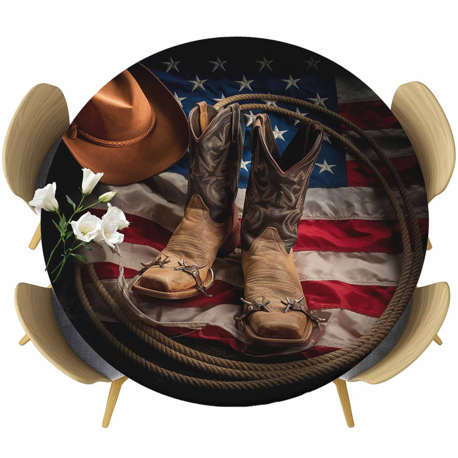Cowboy Boots Hat Round Tablecloth 45-54 Inch Round Fitted Table Cloth ...