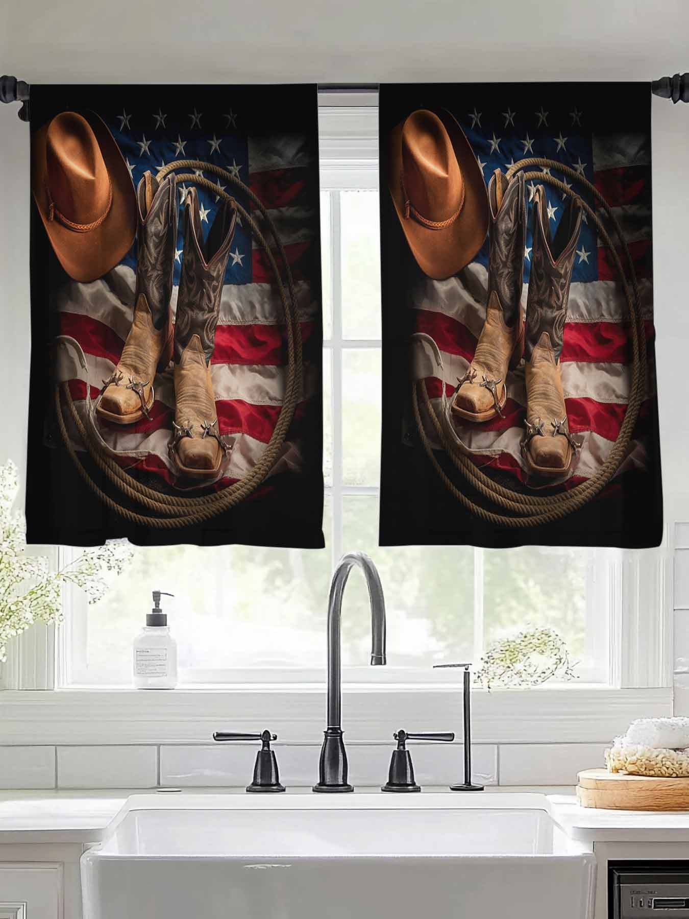 Cowboy Boots Hat Sheer Curtains for Living Room Bedroom American Flag ...