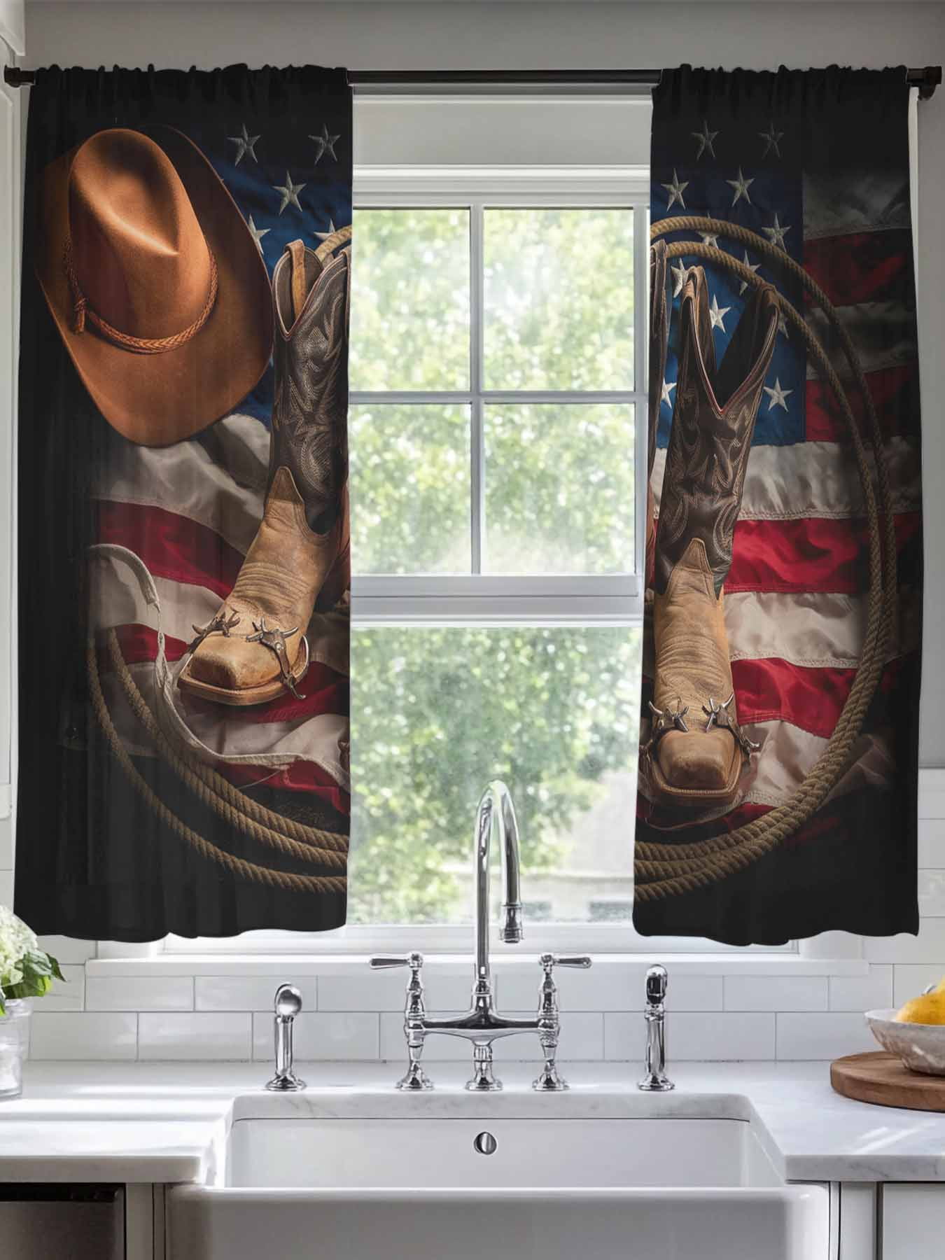 Cowboy Boots Hat Sheer Curtains for Living Room Bedroom American Flag ...
